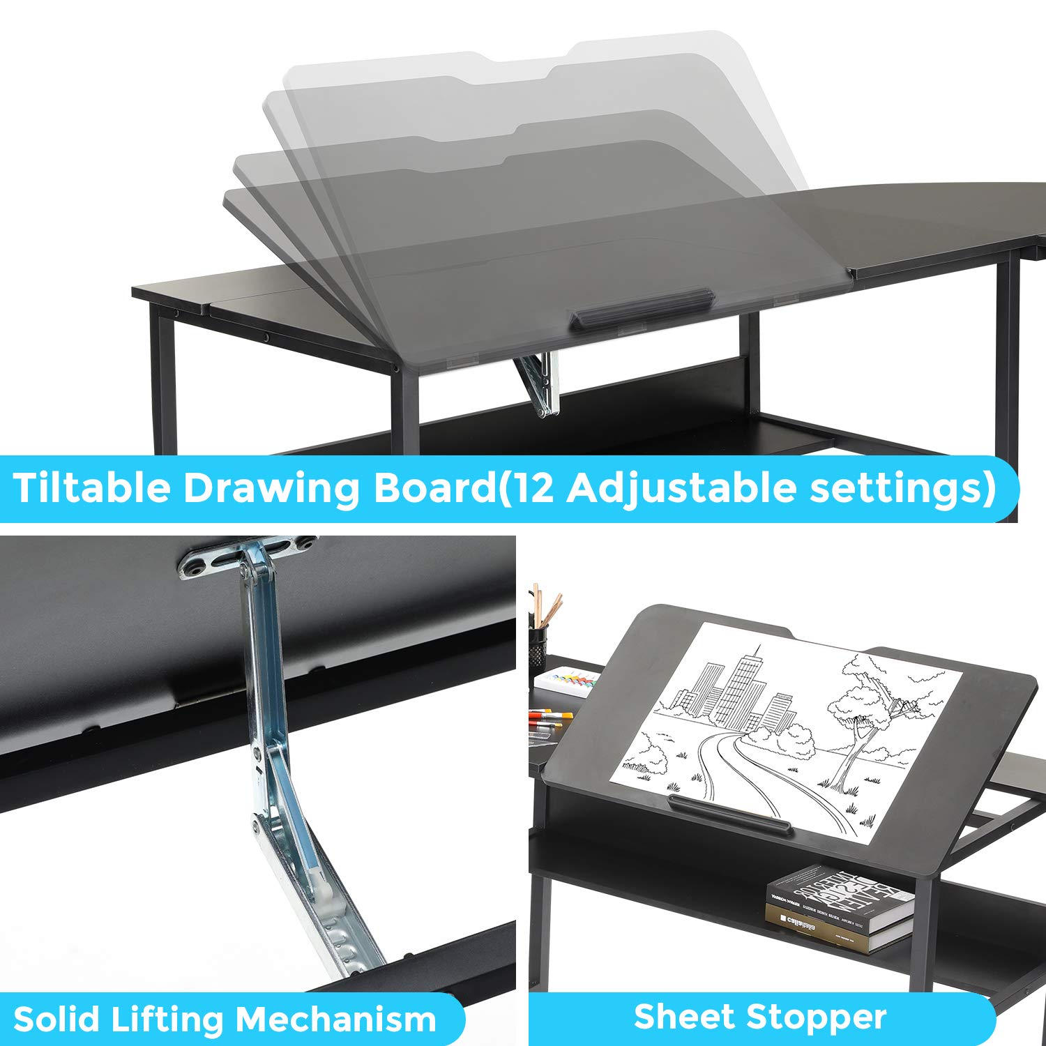 Sedeta L Shaped Computer Desk with Hutch, Drafting Drawing Table for ...