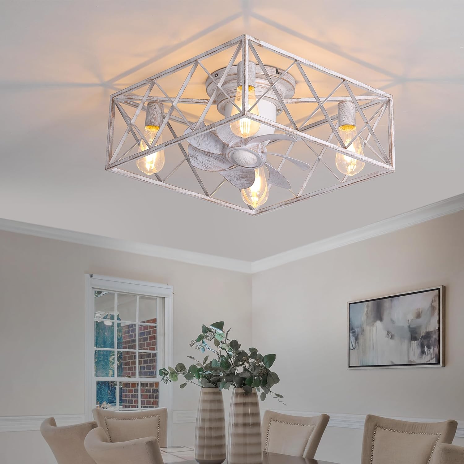 OSGNER Low Profile Ceiling Fans with Lights, Flush Mount Square Caged ...