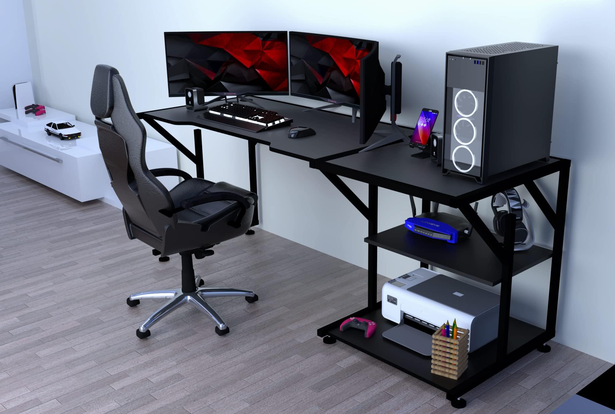 Escritorio Gamer CTS GBM Dual BLACK LED RGB Bluetooth - Extra Grande 245 cm - Estación de ...