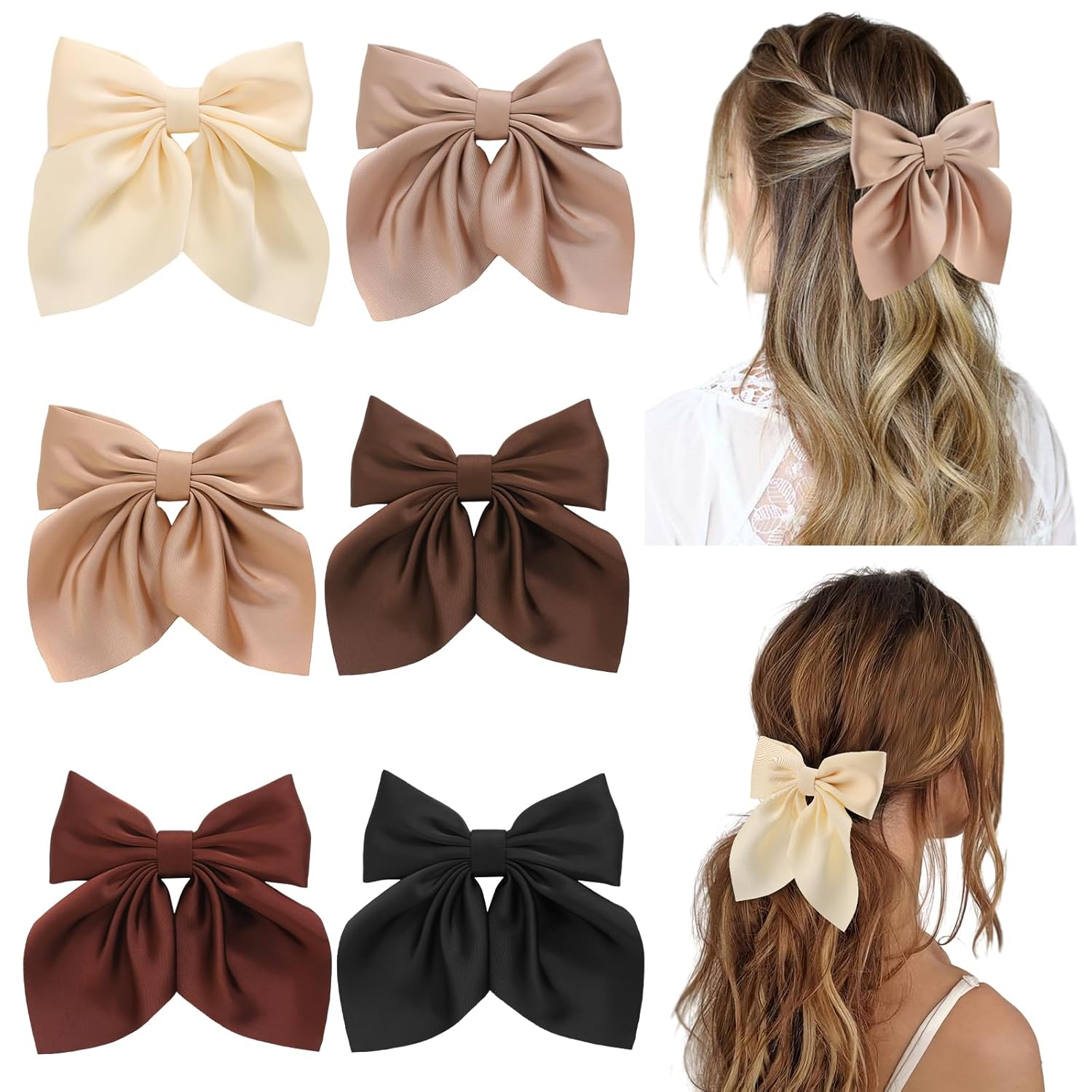 Amazon.com : 6Pcs Hair Bows for Women, Bow Hair Clips, Silky Satin Hair ...
