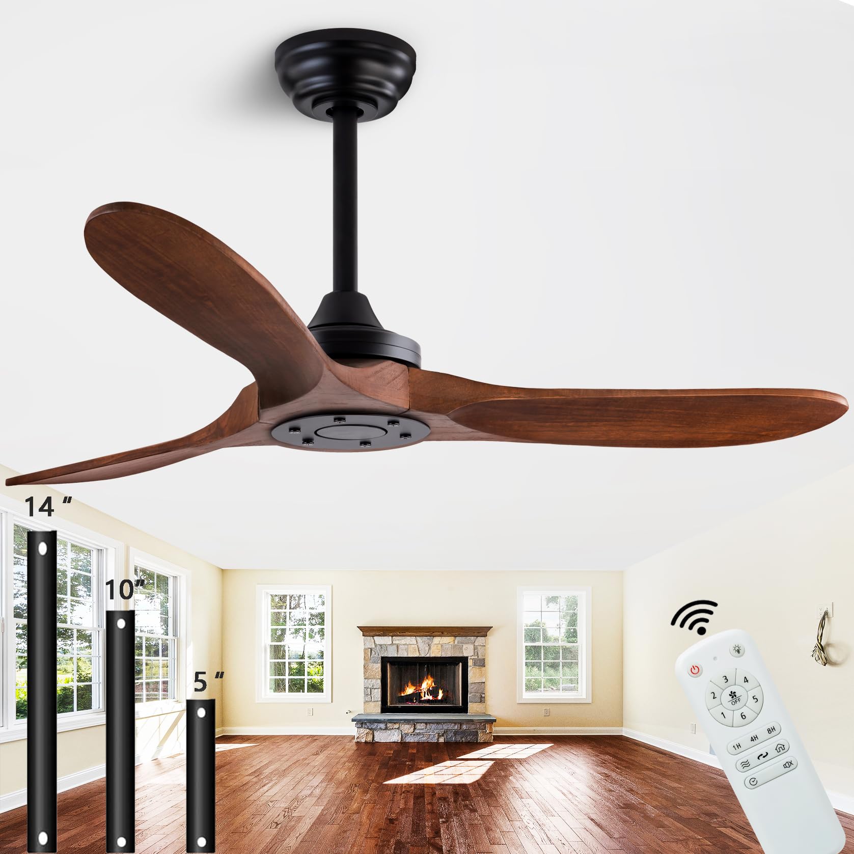 QUTWOB 42" Wood Ceiling Fan No Lights with Remote Control, Wooden 3 ...
