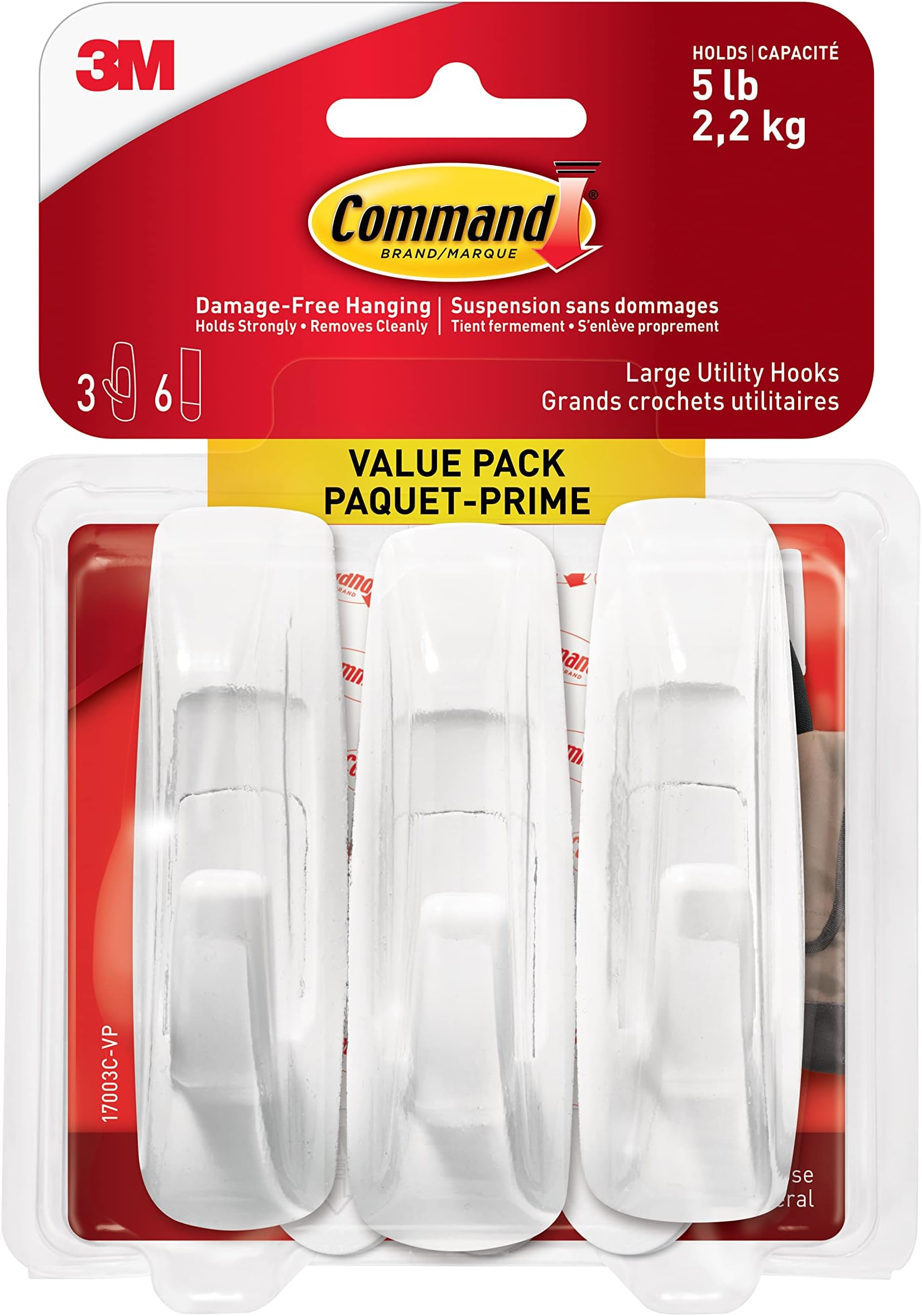 Command Large Hook Value Pack, 5 lb Capacity , 3 Hooks 6 Large Strips ...