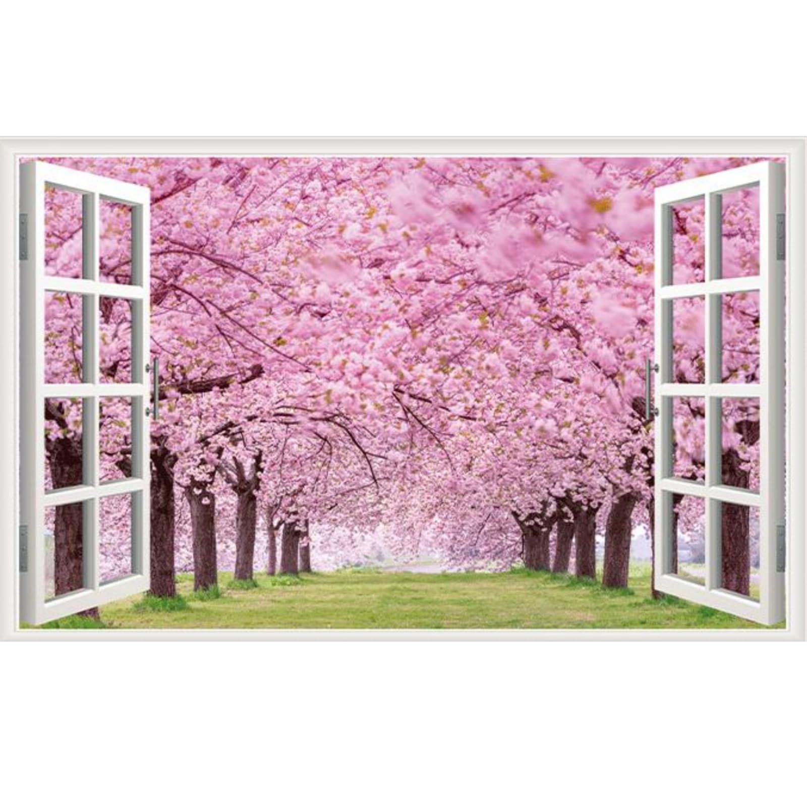 Romantic Pink Flowering Tree Pathway Fake Window Wall Sticker Cherry ...