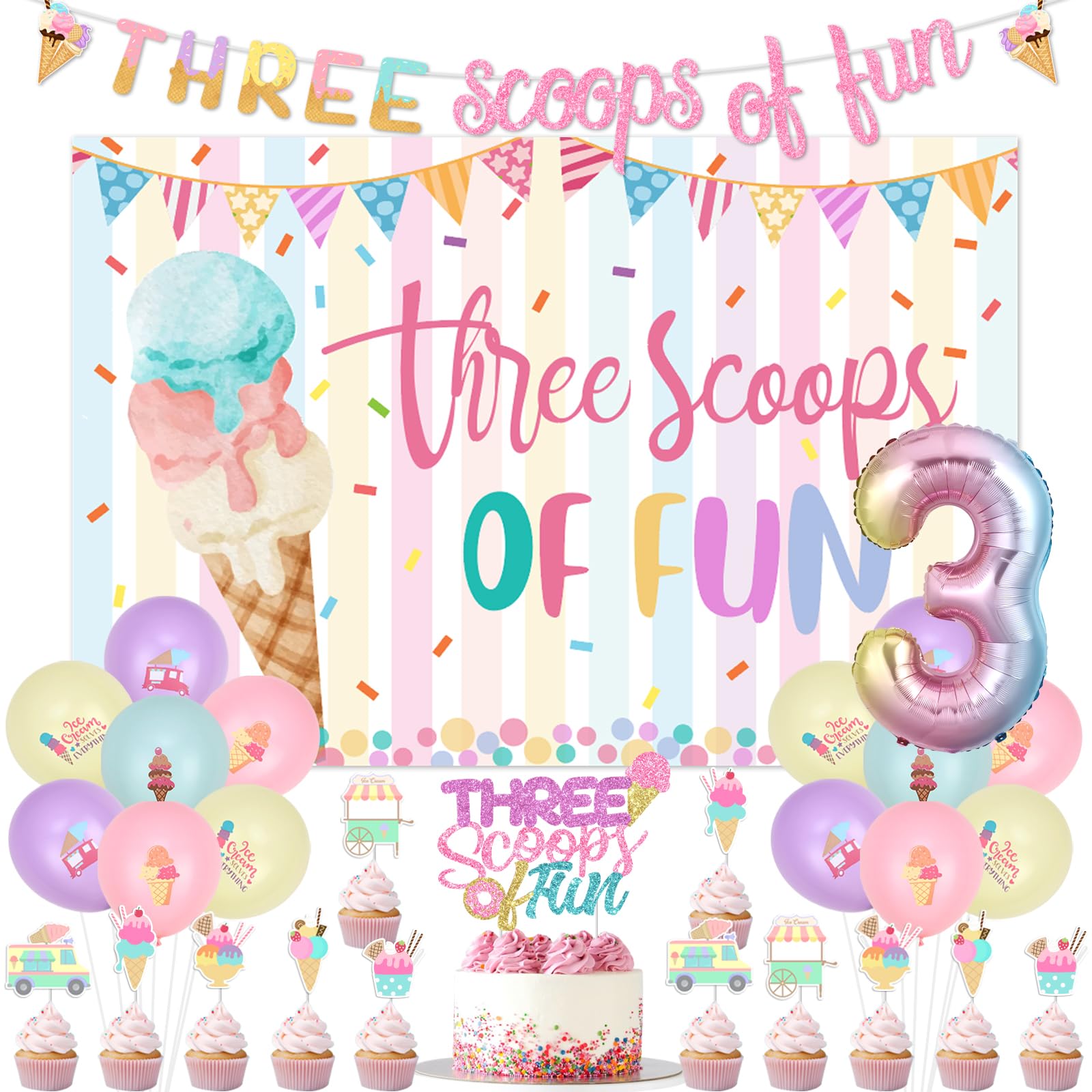 Amazon.com: Jollyboom Three Scoops of Fun Birthday Decorations for ...