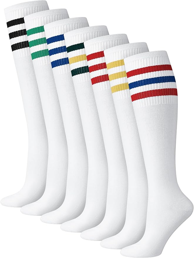 Amazon.com: Breathffy 7 Pairs Retro Striped Tube Socks White over the ...