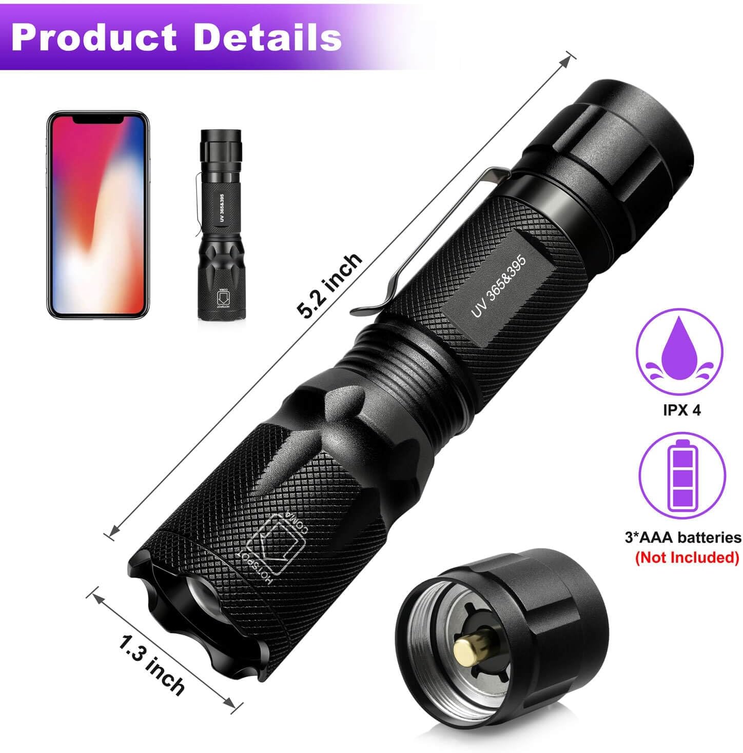 Linterna de luz negra UV – Luz negra de 365 nm y 395 nm para curado con ...