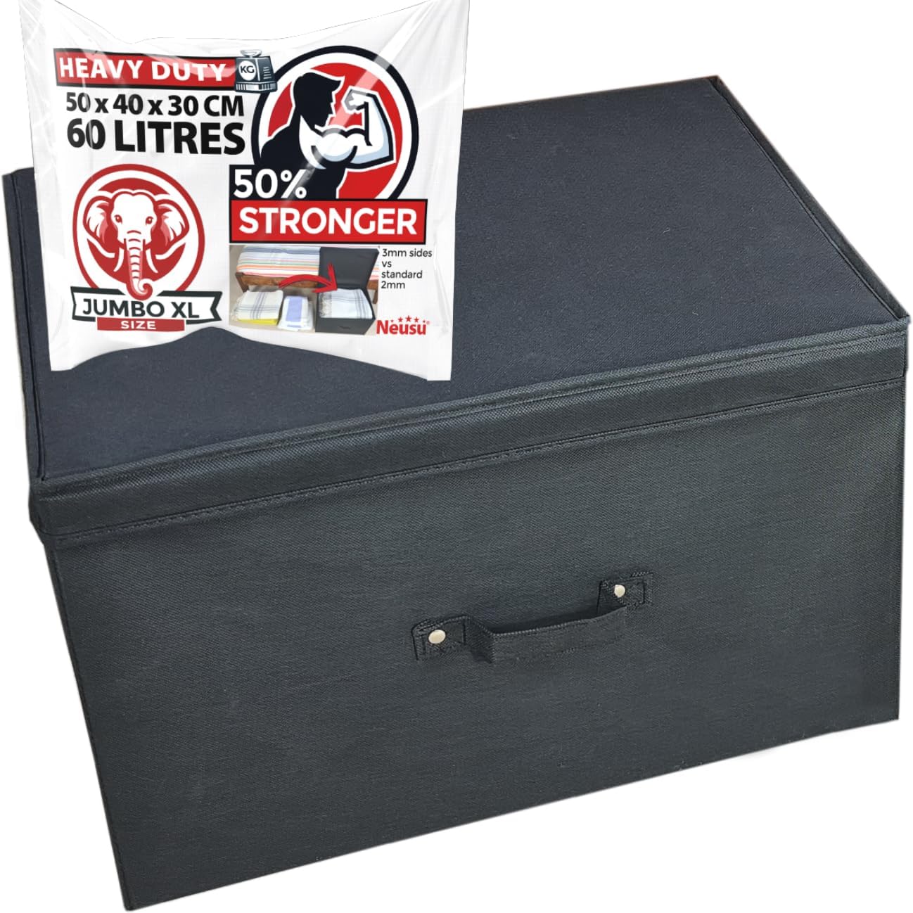 Neusu Heavy Duty Black Storage Box With Lid - Jumbo XL Size 50cm x 40cm ...