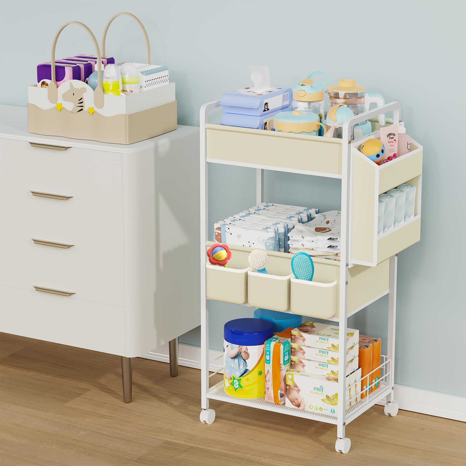 Snapklik.com : JBBTOOL Diaper Caddy Organizer - 3-Tier Rolling Diaper Cart
