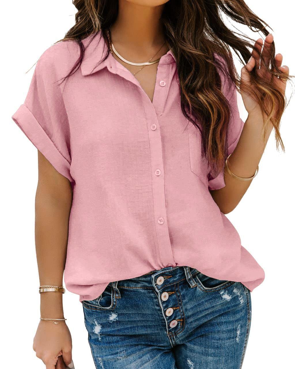 Women Button Down Shirts with Pockets Long/Short Sleeve Chiffon Office ...