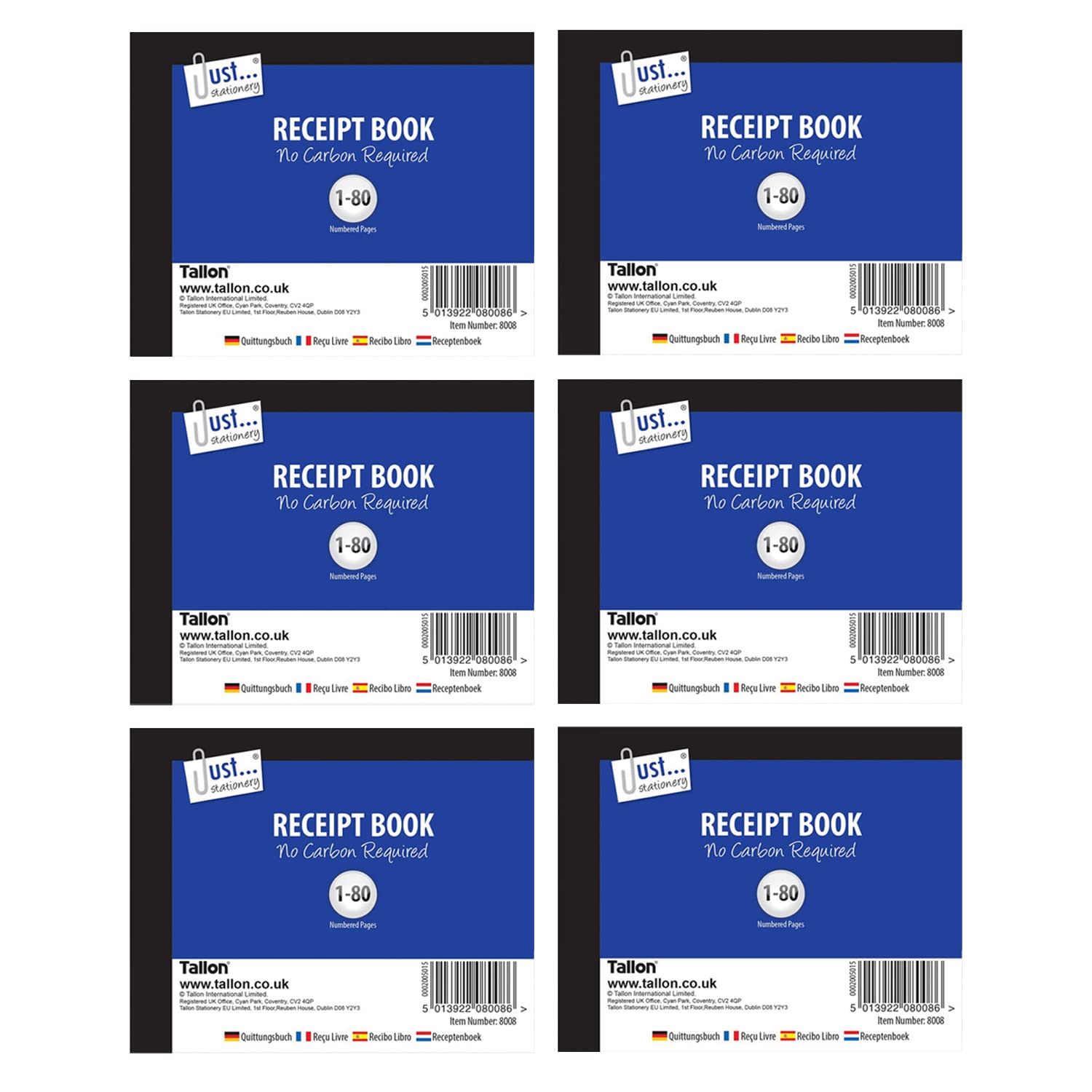 Pack of 6 - Carbonless Receipt Book - Numbered 1-80 NCR Duplicate ...