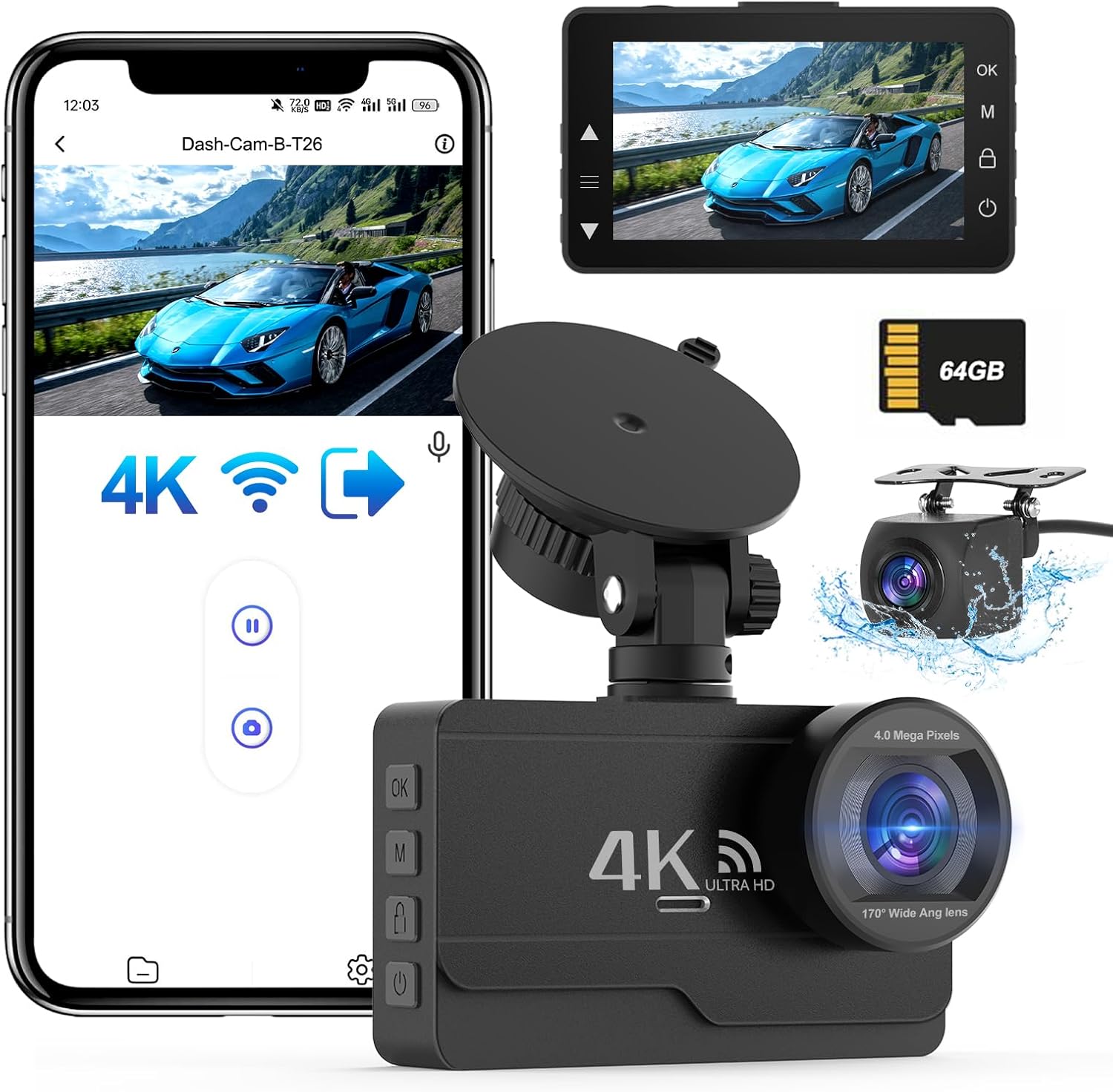 Amazon.com: Dash Cam Front and Rear 4K/2K+1080P, WiFi Dash cam Free ...