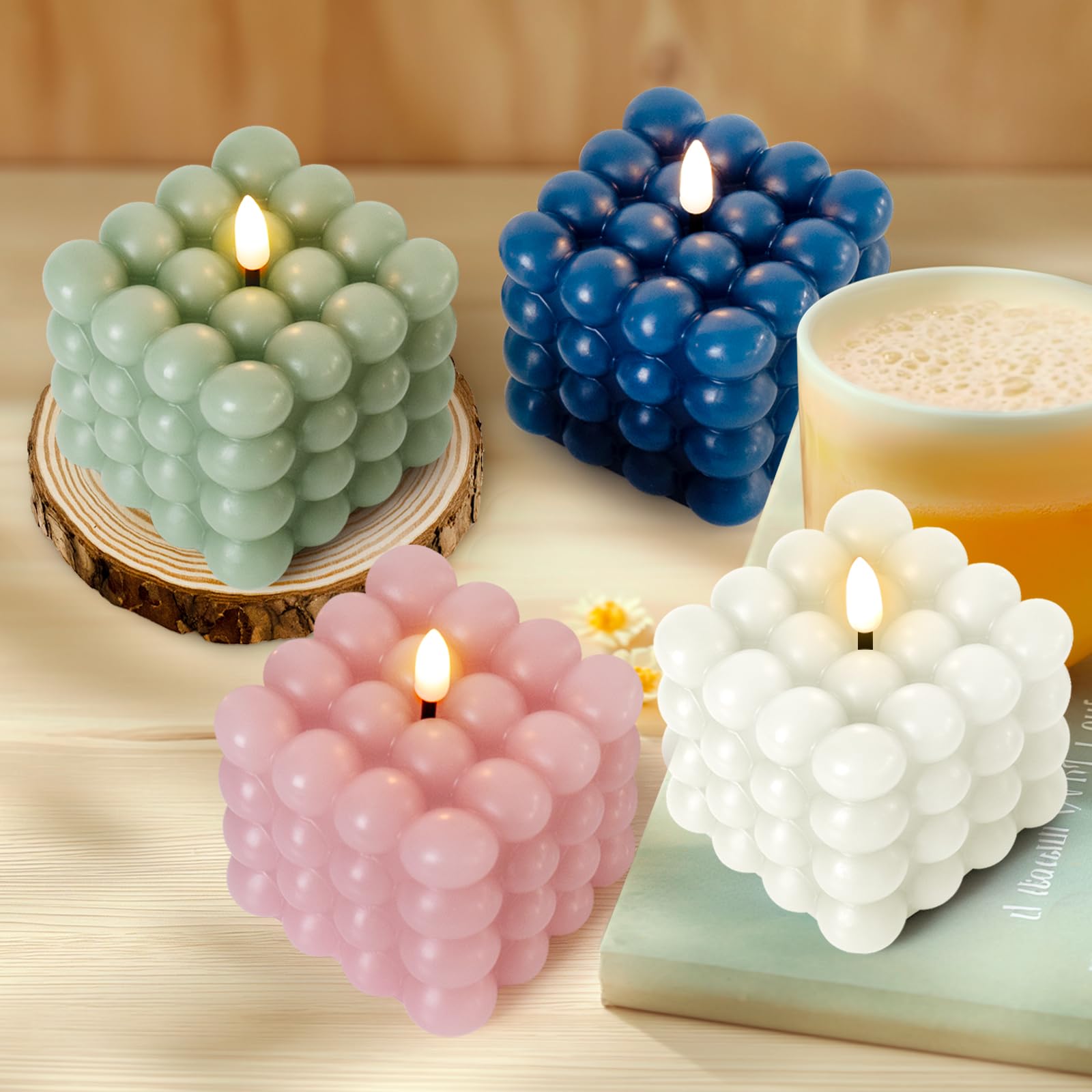 Yongmao Flameless Bubble Candles with Remote, White Cube Real Wax ...