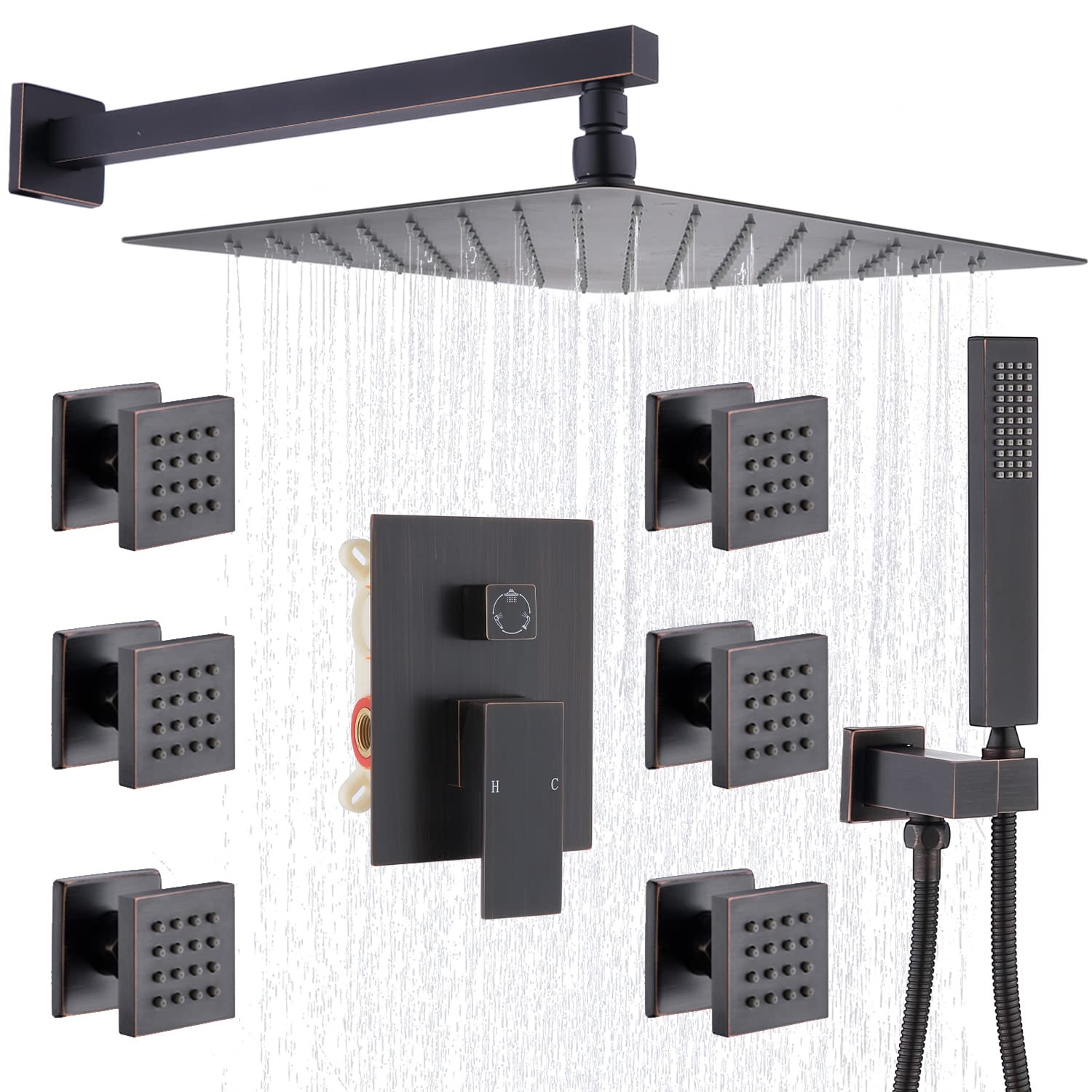 Enga Oil Rubbed Bronze Shower System with Body Jets, 12 Inch Rainfall ...