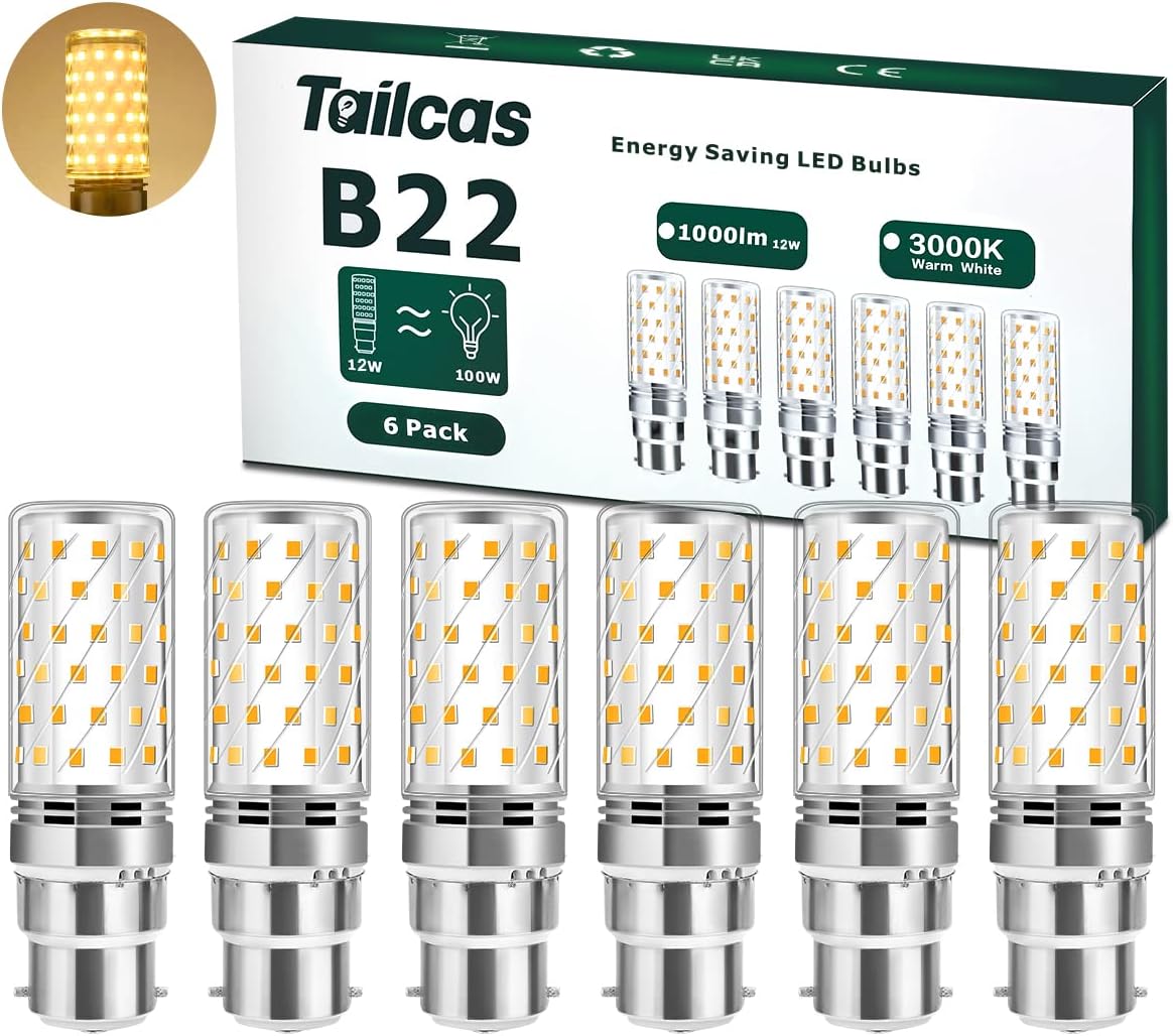 Tailcas B22 LED Bayonet Light Bulb 100W, 12W B22 LED Bulbs Bayonet Warm ...