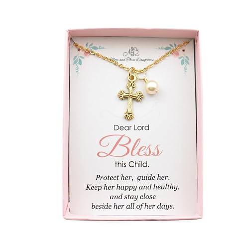 Amazon.com: Little Girls Gold Cross Necklace with Crystal Pearl | 14 ...