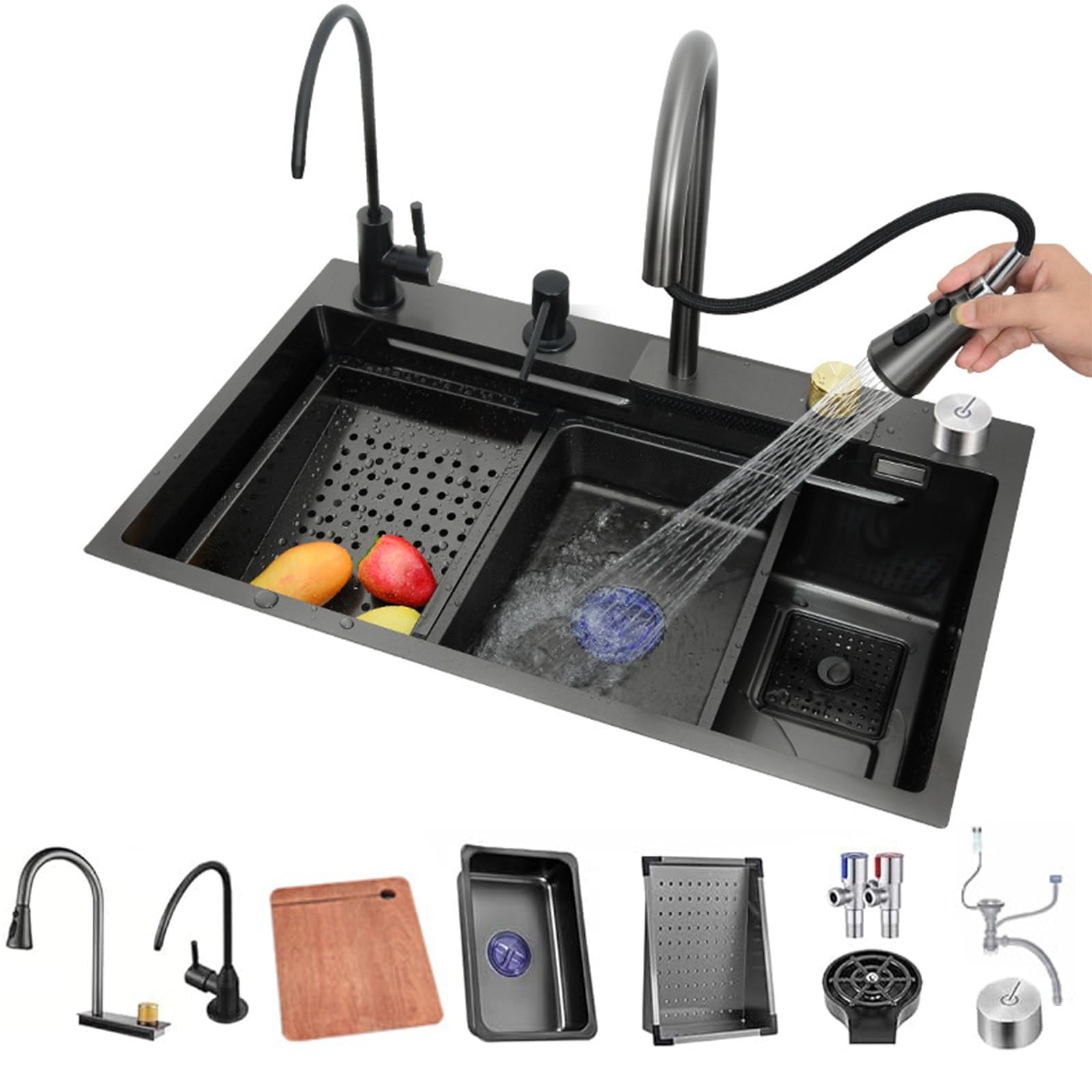 Single Bowl Waterfall Kitchen Sink, Stainless Steel Bar Sink with Cup ...