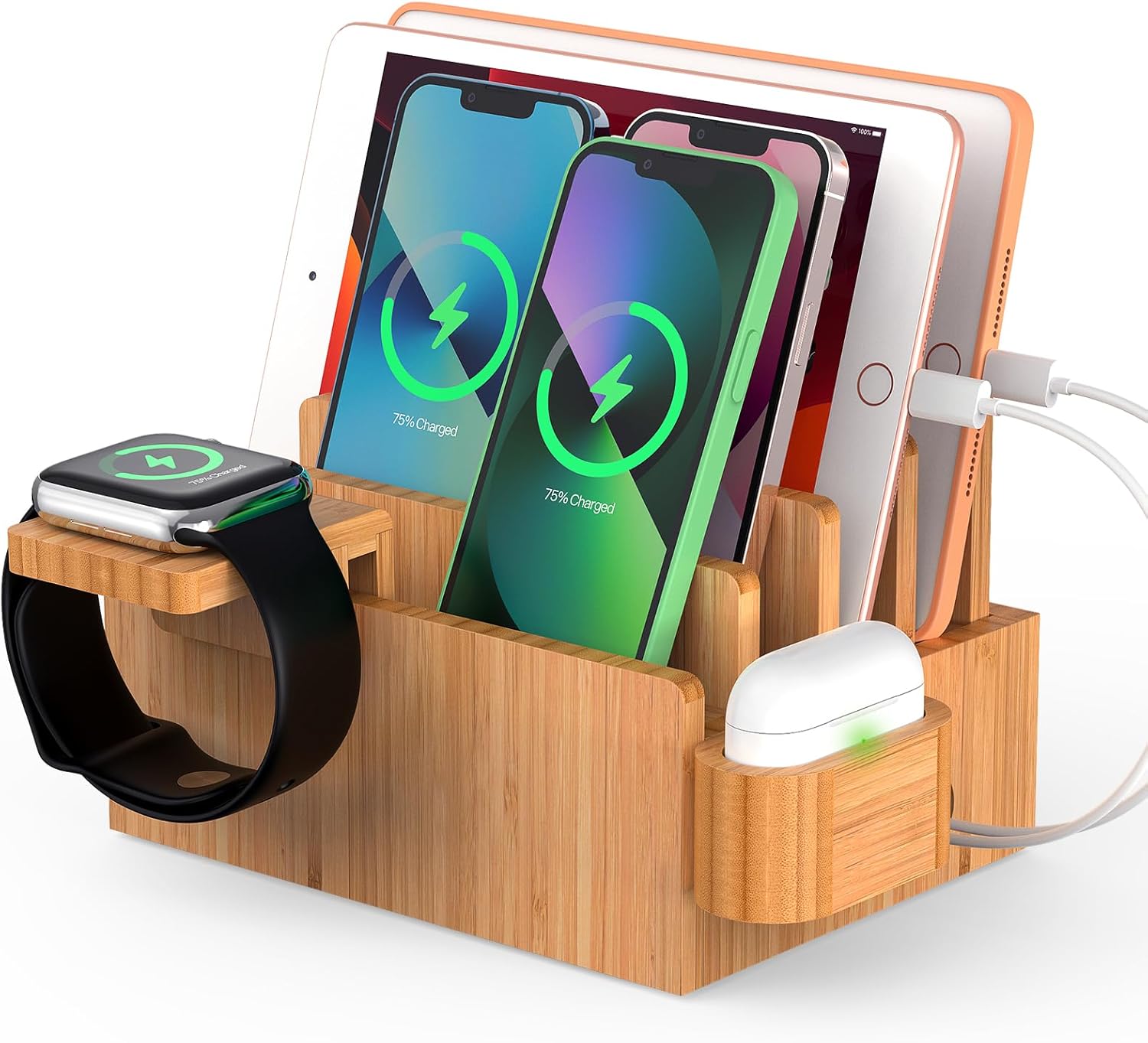 Multi-Device Bamboo Charging Station with 6 Cables - Organize and ...
