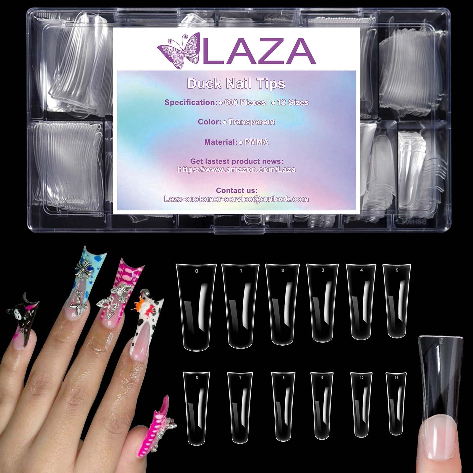Amazon.com: Laza 600pcs Long Duck Nail Tips 12 Sizes Box-packed Clear ...