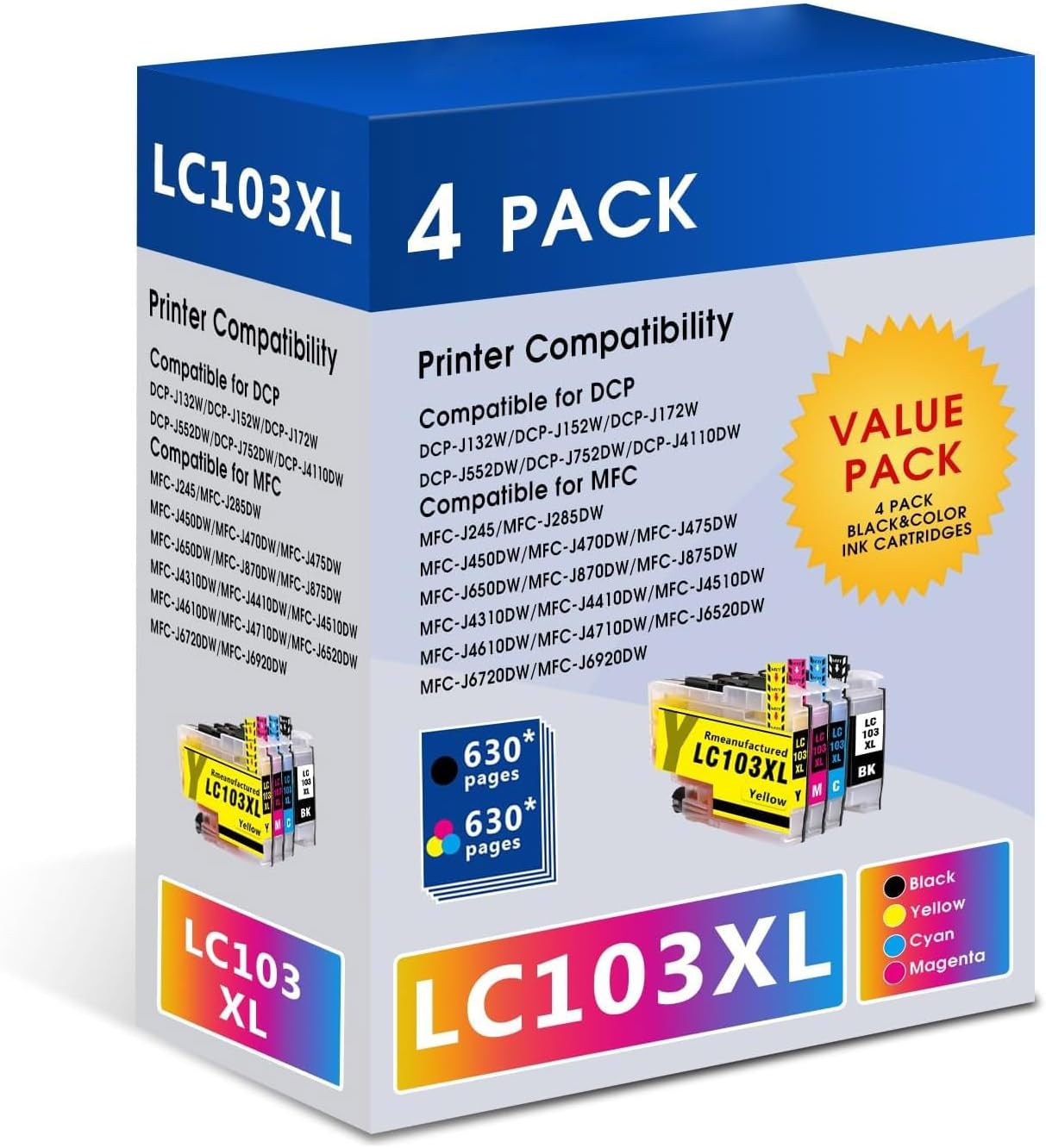 Amazon.com: YUNPINZAN LC103XL for Brother Ink Cartridges (4 Pack, High ...