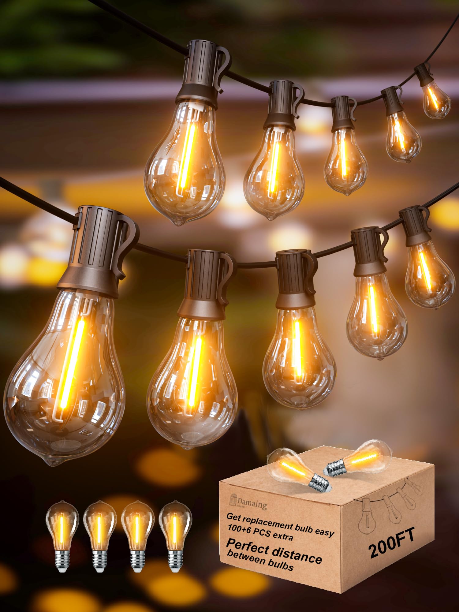 DAMAING Outdoor String Lights for Outside 200FT(2x100FT),Waterproof ...