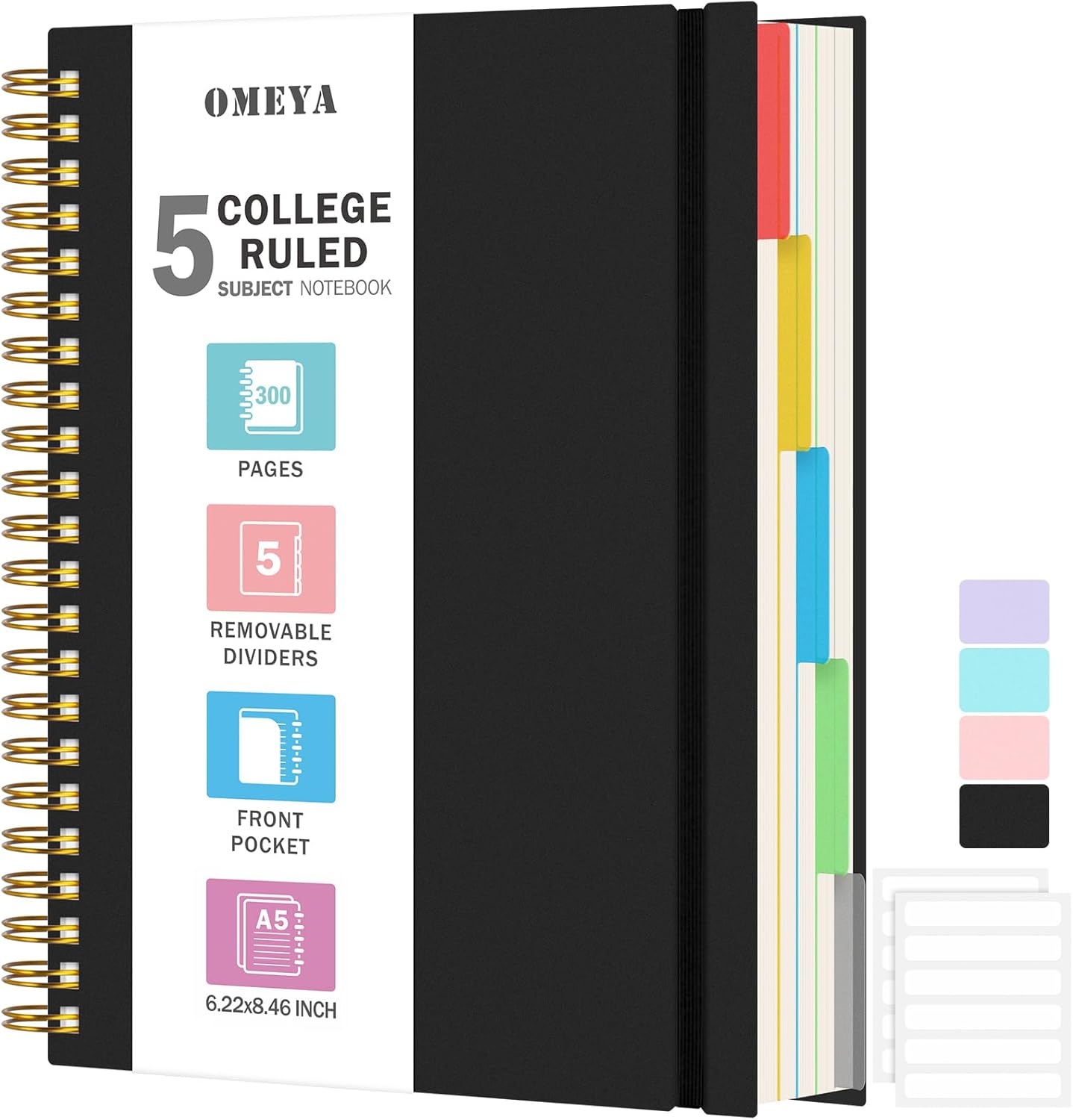 A5 Notebook, Lined Notebook with Removable Dividers, 300 Pages 100GSM ...