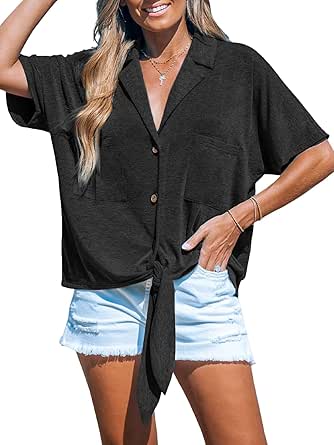 CUPSHE Women Tops Short Sleeve Blouses V Neck Shirt Button Front Tee ...