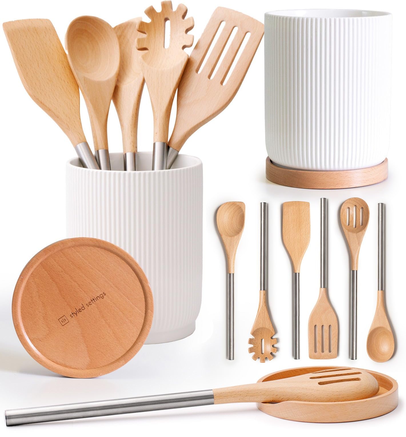 Amazon.com: Wooden Kitchen Utensil Set with Ceramic Utensil Holder – 8 ...