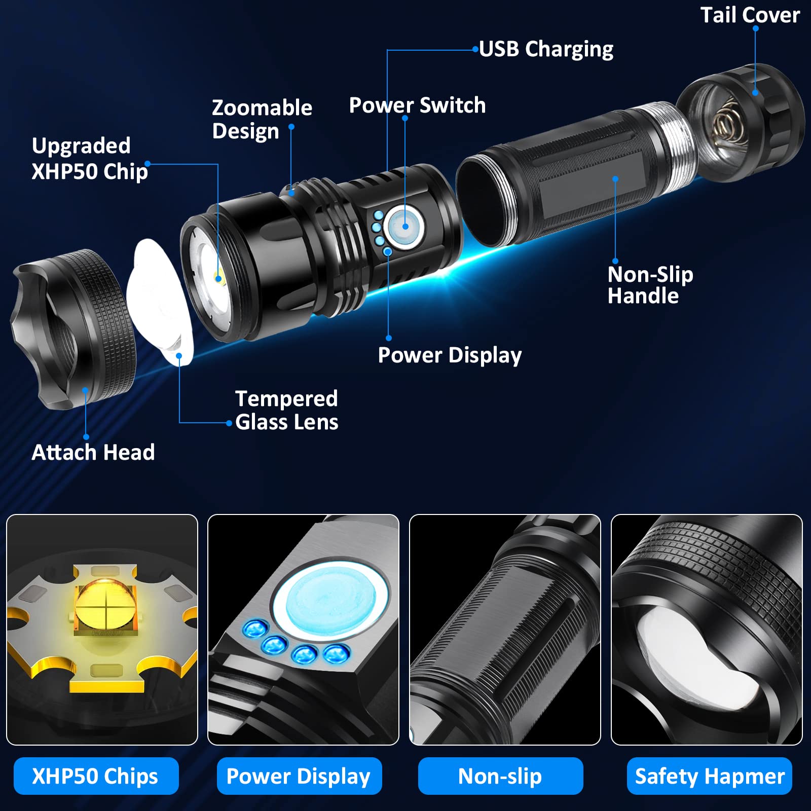 AXRUNZE Rechargeable Flashlights High Lumens, 100000 Lumen Super Bright ...