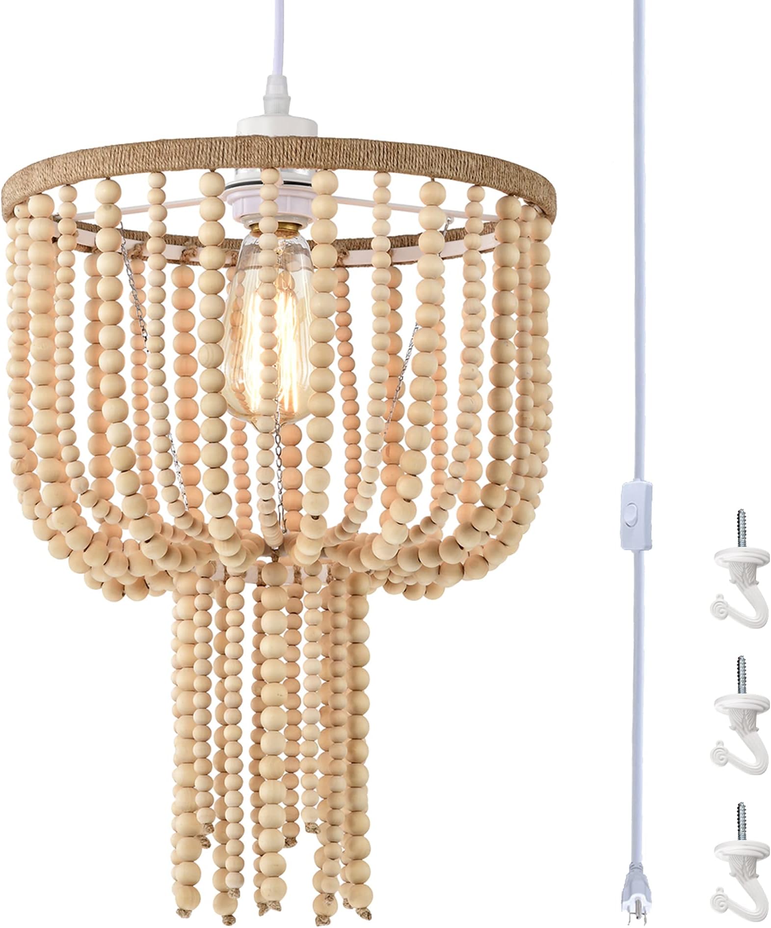 Plug in Pendant Light Wood Beaded Chandelier Light Boho Light Fixtures ...