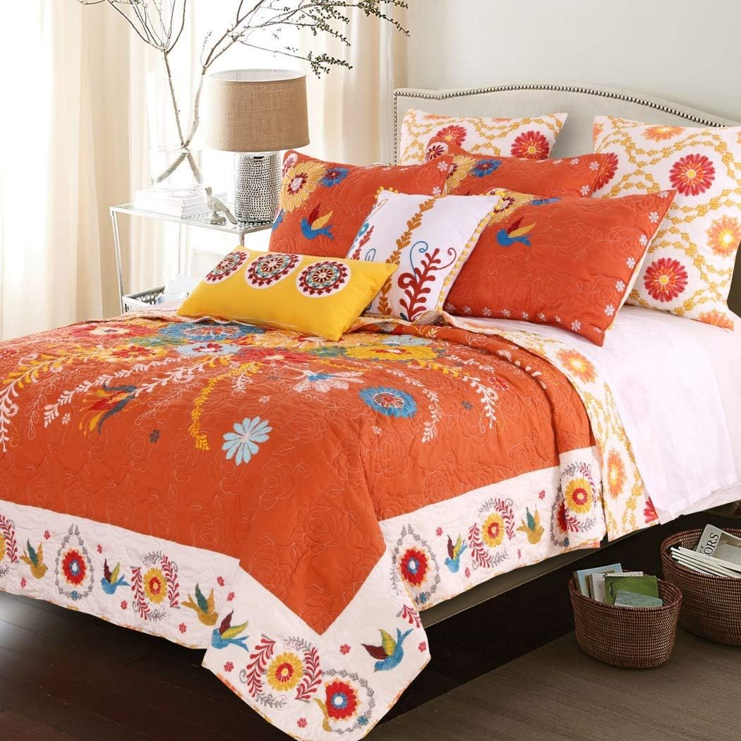 Amazon.com: 3 Piece Orange Yellow Blue Red White Full Queen Quilt Set ...