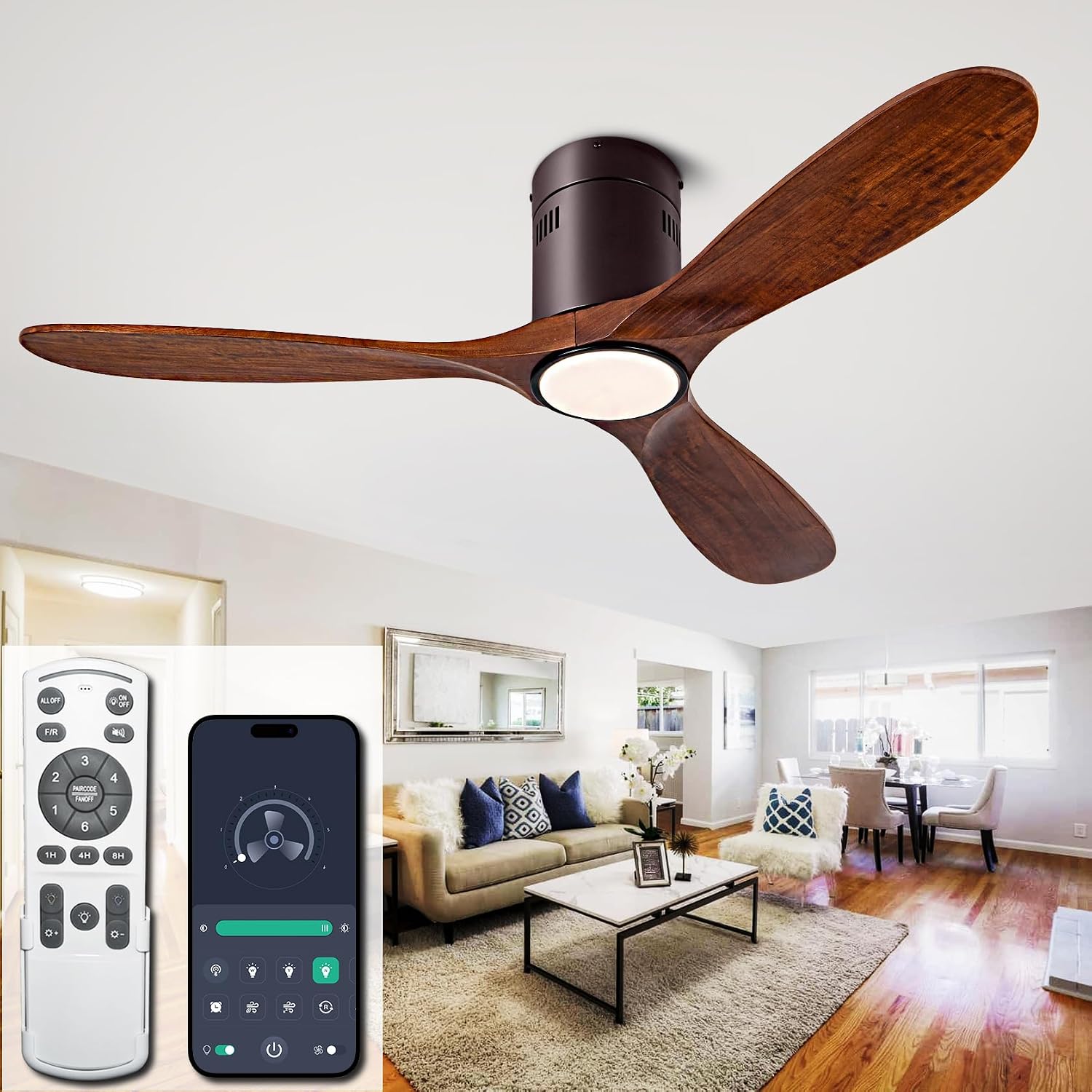 52” Ceiling Fan with Light with 6 Speed Remote/APP Control, Solid Wood ...