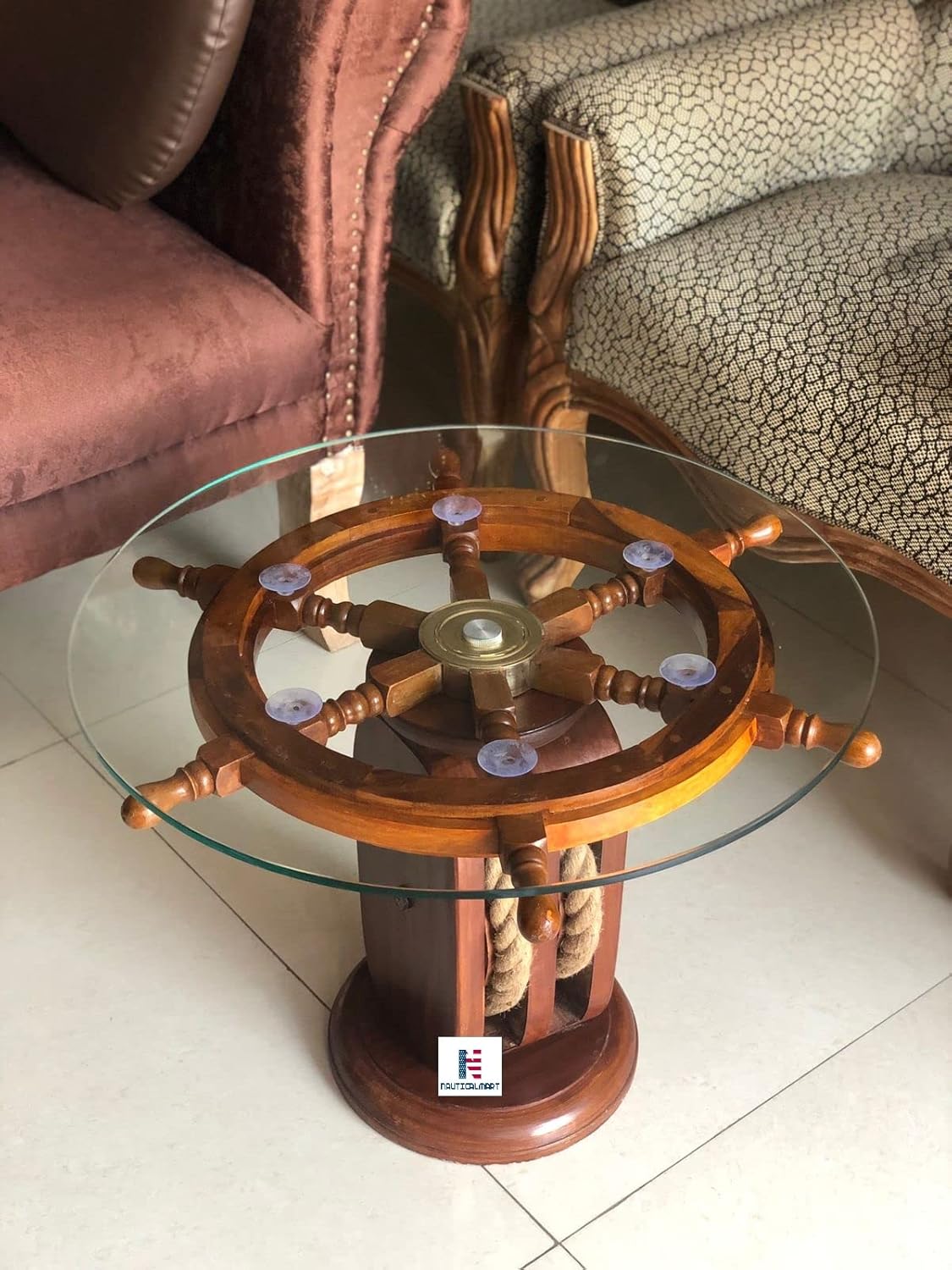 Amazon.com: Nautical Marine Ship Wheel Table W/Wooden Base Home Office ...