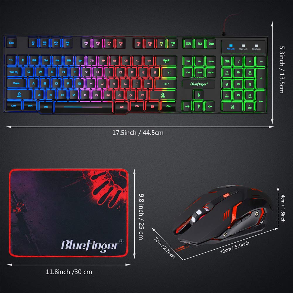 BlueFinger RGB Gaming Keyboard and Backlit Mouse and Headset Combo,USB ...