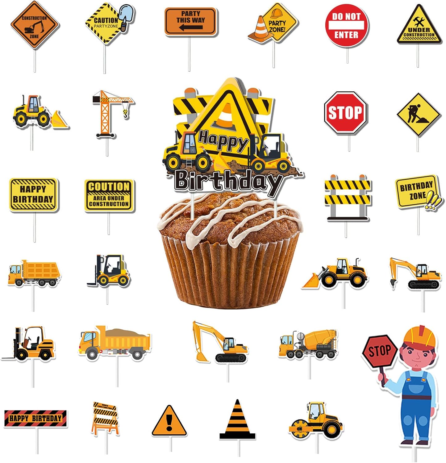 Amazon.com: VARACL 29PCS Construction Cupcake Toppers, Stop Sign Dump ...