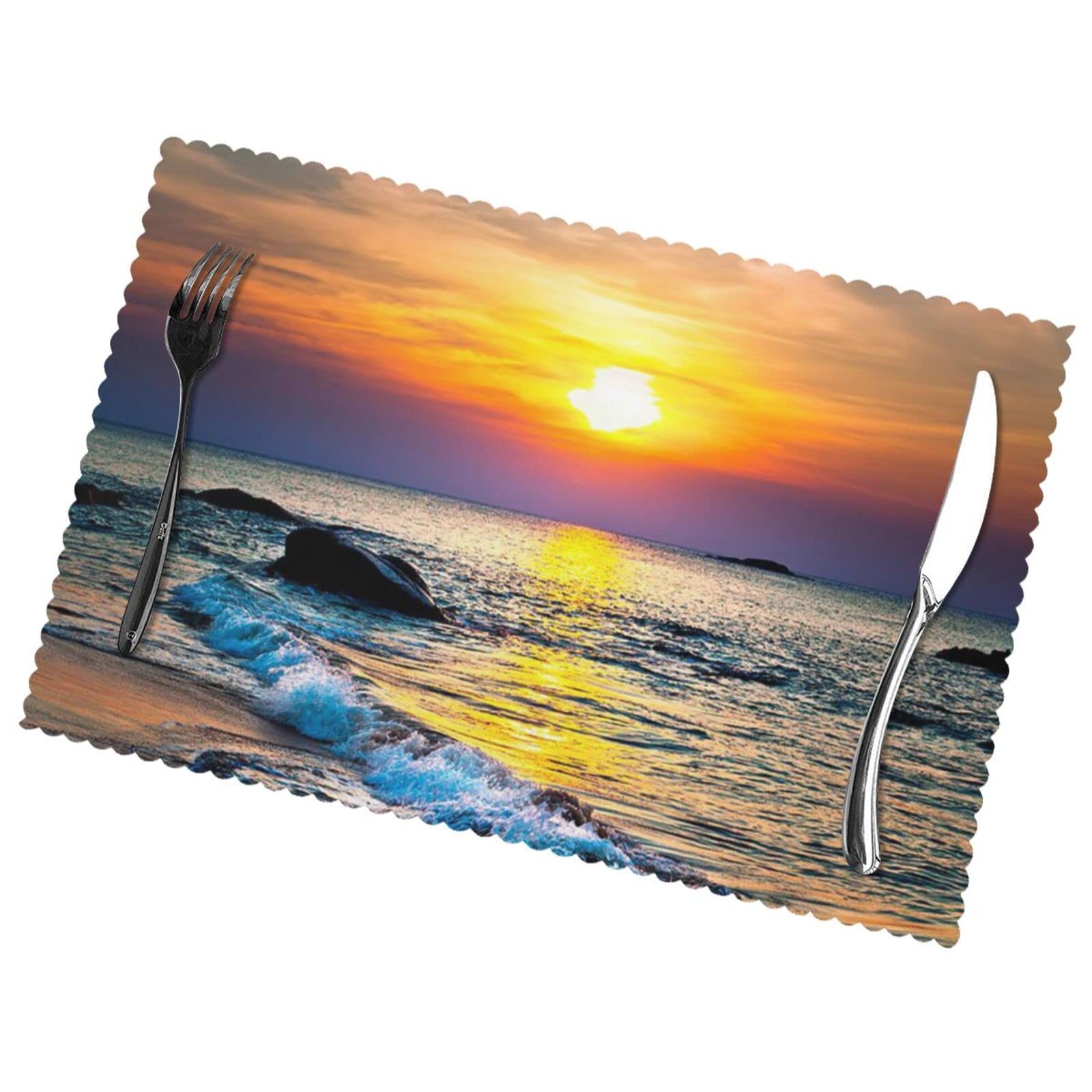 Beach And Sunset Print Table Mat Insulated Placemat Durable Family And ...