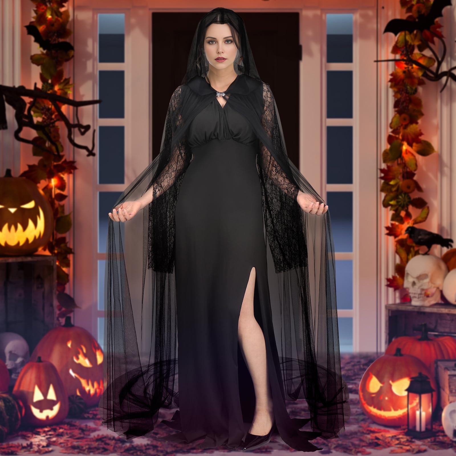 Snapklik.com : Ibeauti Black Witch Cape Full Length Velvet/Sheer Hooded ...