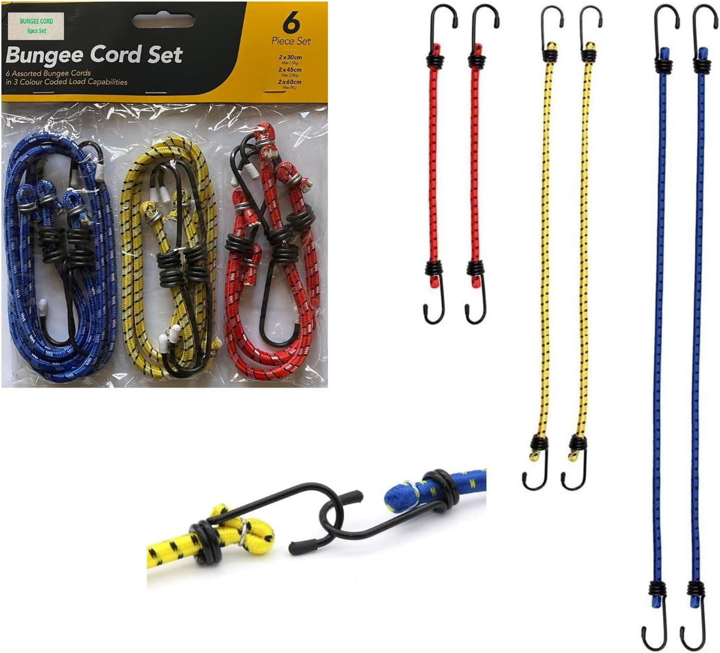 6 Pack Universal Bungee Cords, Elastic Bungee Straps with Metal Hooks ...