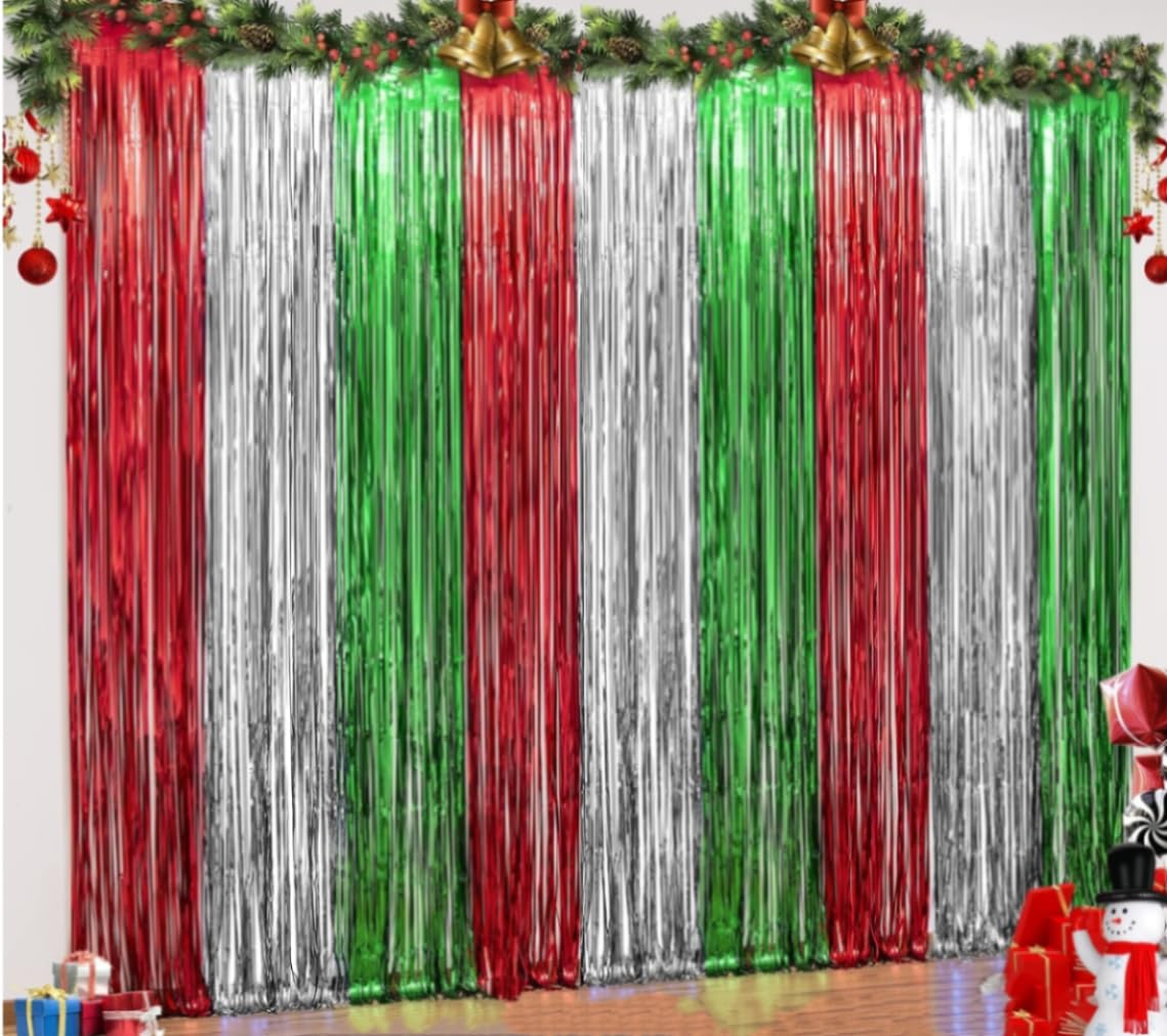 Amazon.com : 3 Pack Christmas Foil Fringe Curtains, 3.3 x 6.6 ft Red ...