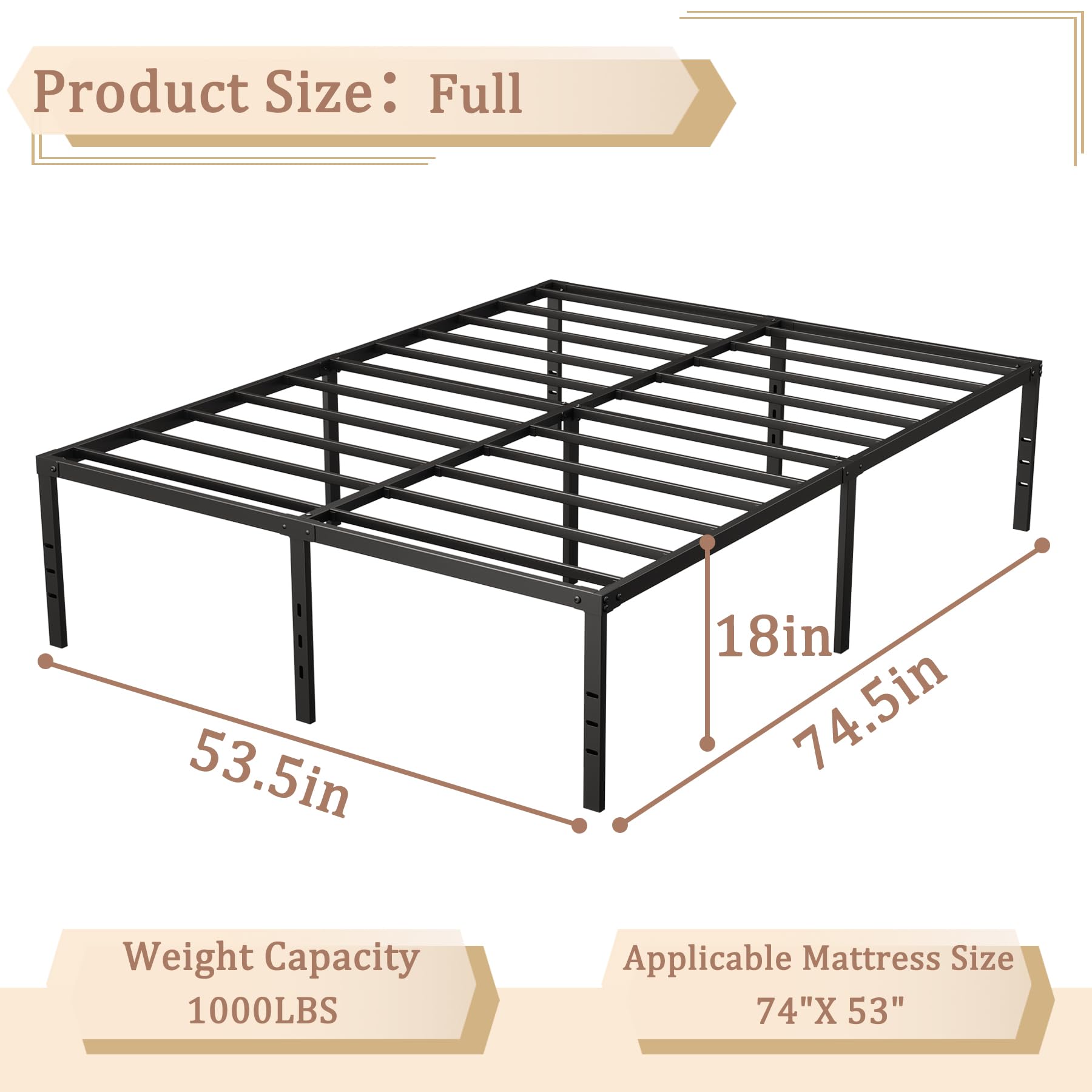 Snapklik.com : Full Size Bed Frame, 18-Inch Tall Heavy-Duty Platform