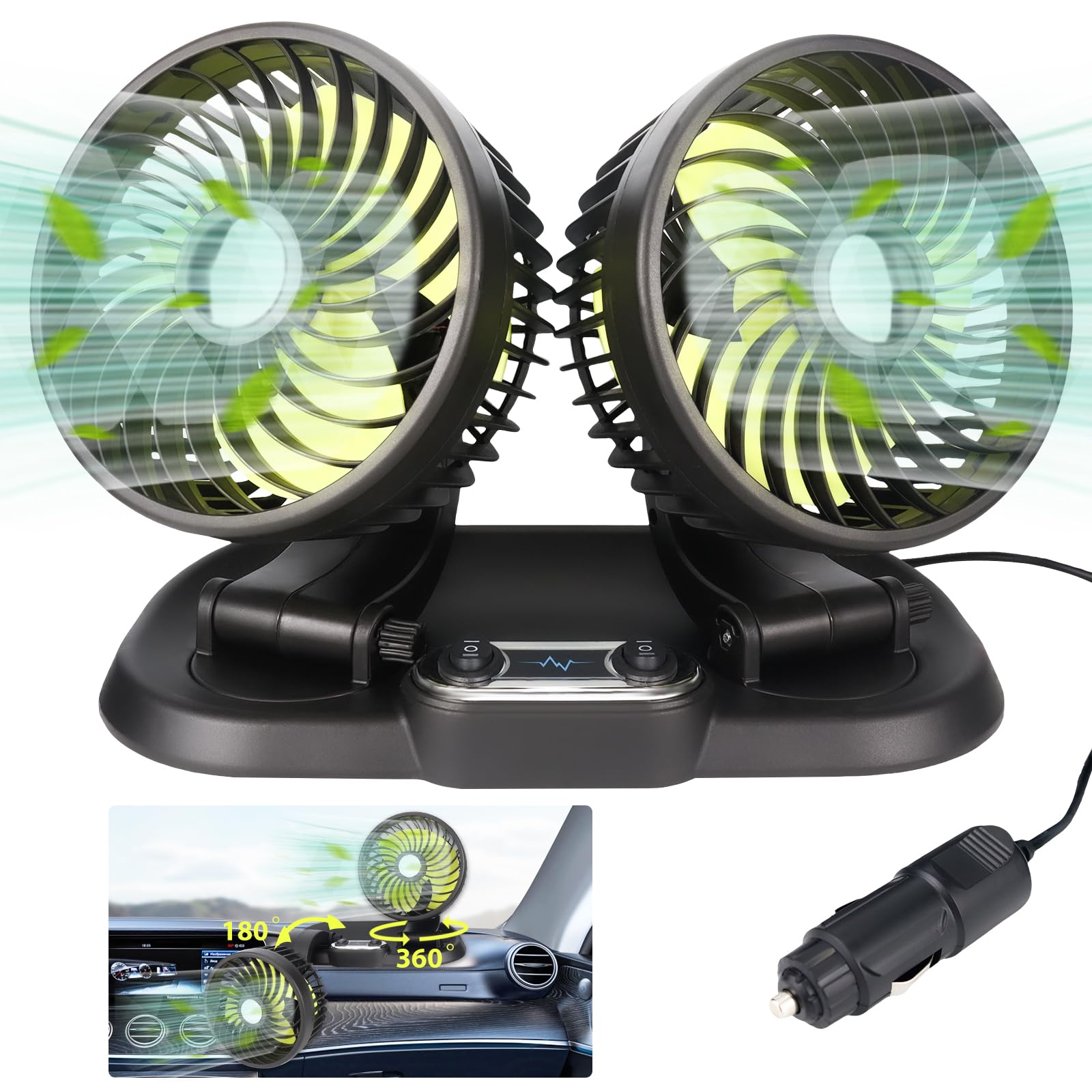 Car Fan 12V Auto Car Cooling Fan Dual-Head 360 Degree Rotation Portable ...