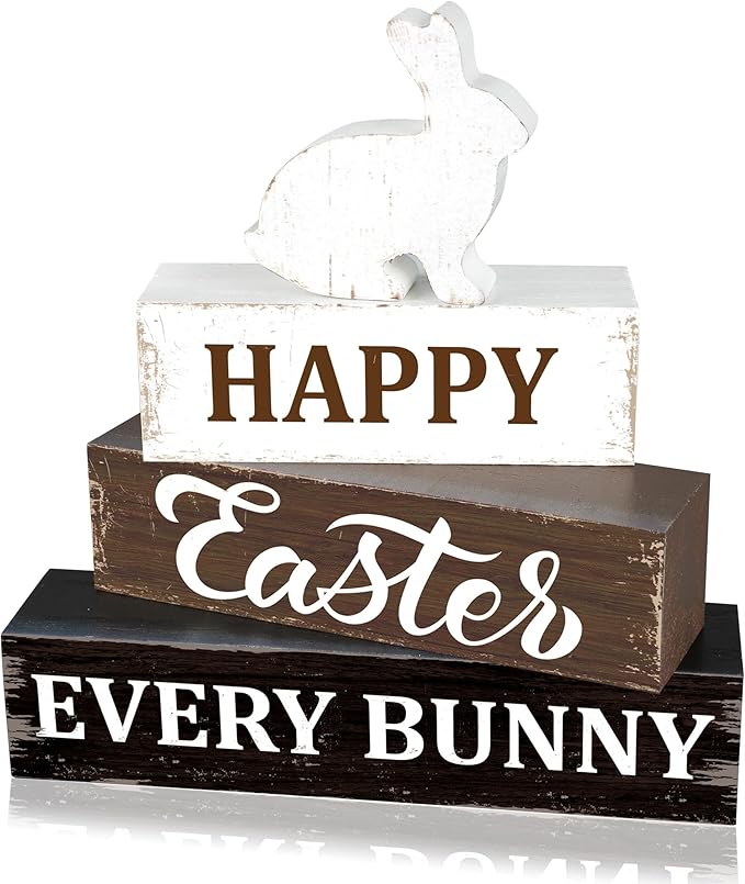 Amazon.com: Easter Wooden Table Sign Happy Easter Bunny Wood Blocks ...