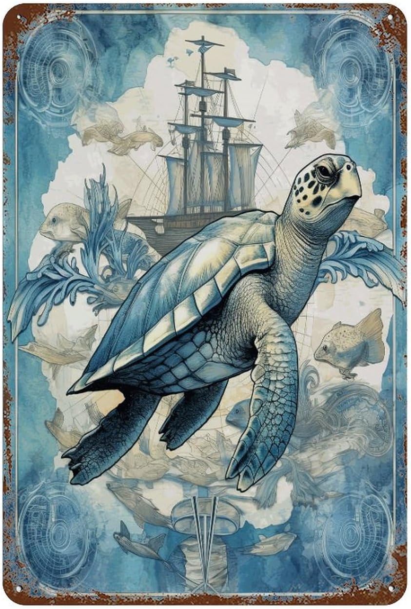 Country Metal Tin Sign Nautical Beach Ocean Theme Underwater Turtle ...