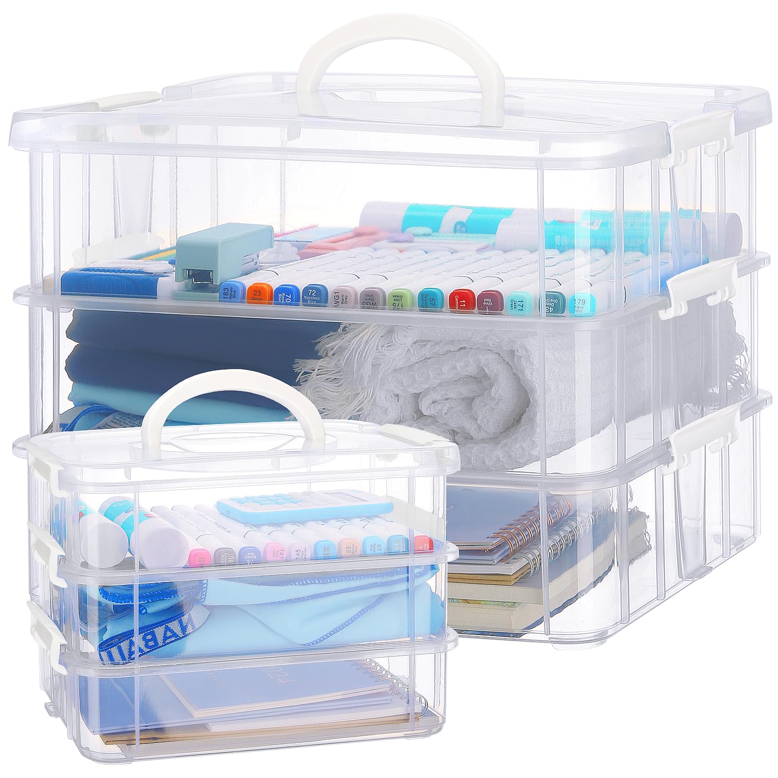 3-Tier Plastic Storage Containers with Lids, Handled Art Supply Craft ...