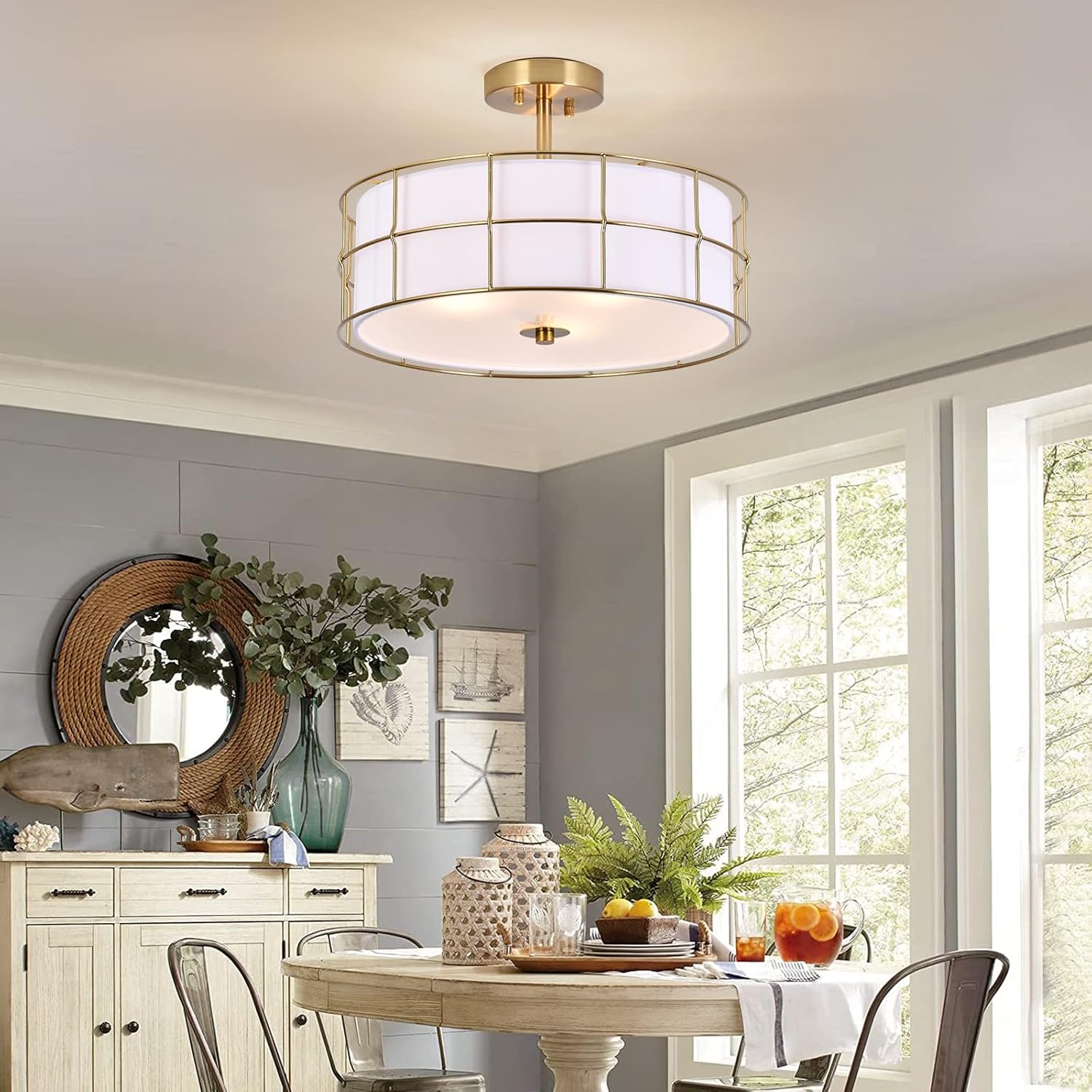 Ludil 16″ Semi Flush Mount Ceiling Light Fixture, 3-Light Gold Metal ...