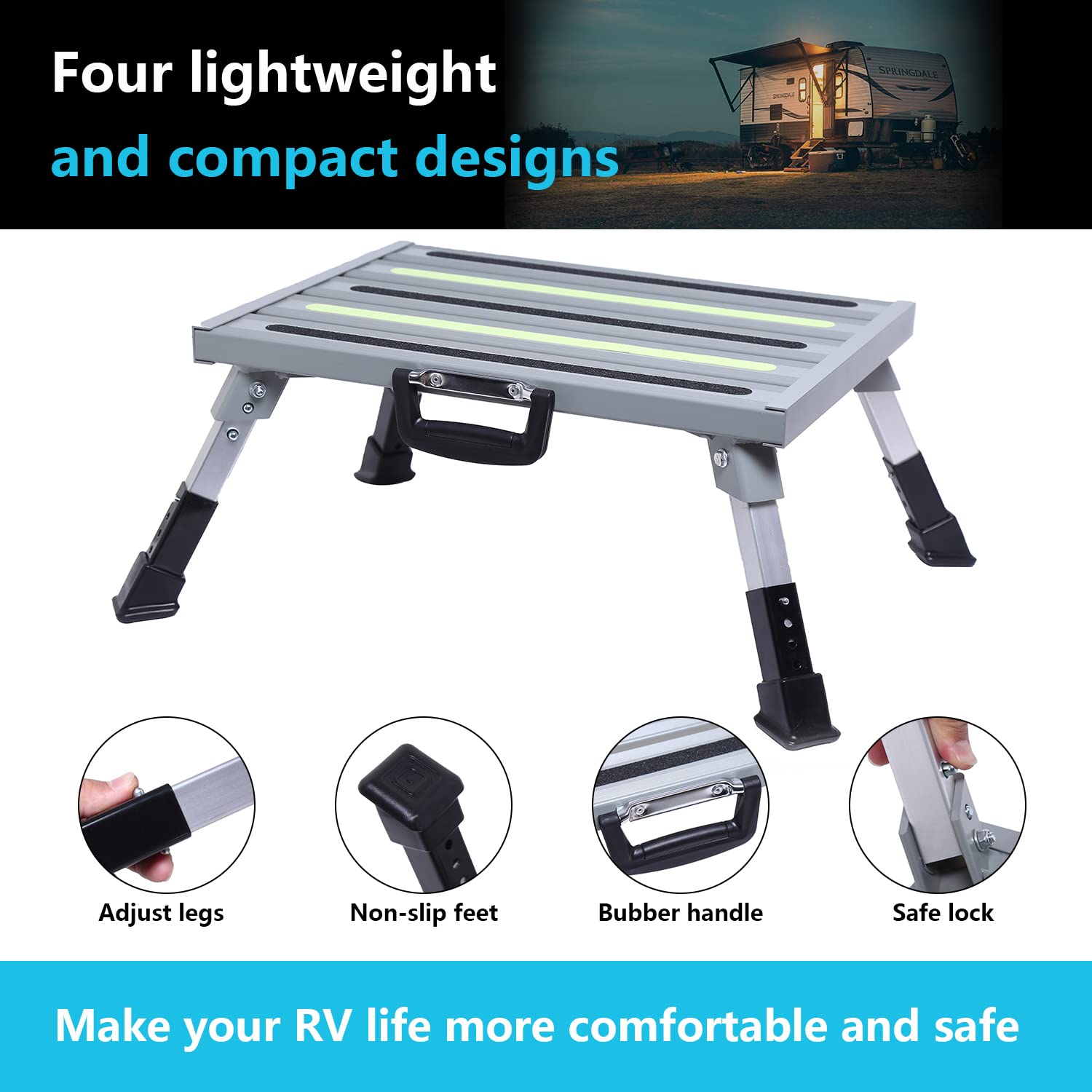 Adjustable Leg Folding Rv Step Illuminated Adjustable Caravan Step