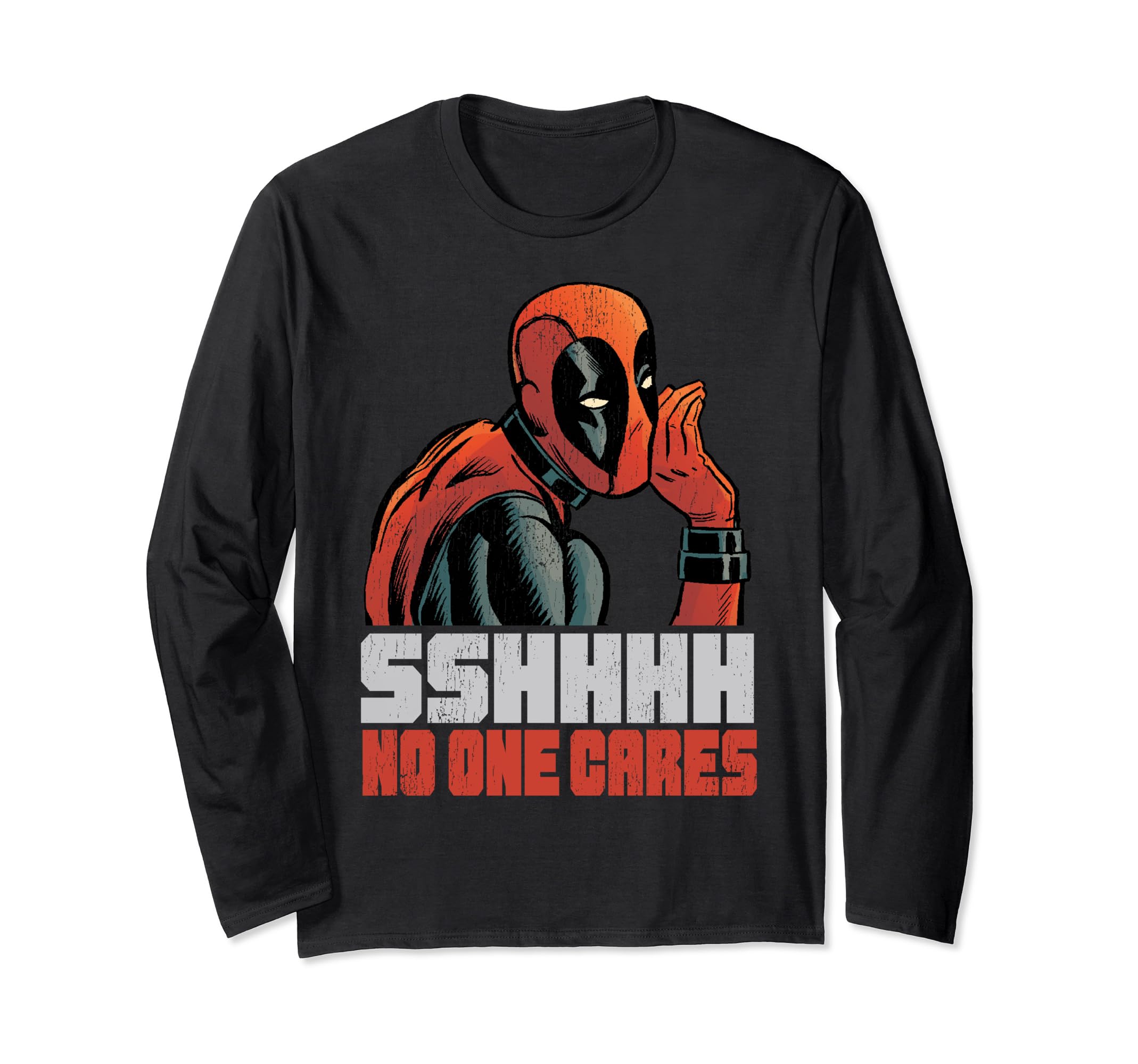 Amazon.com: Marvel Deadpool SHHH No One Cares Whisper Long Sleeve Tee ...