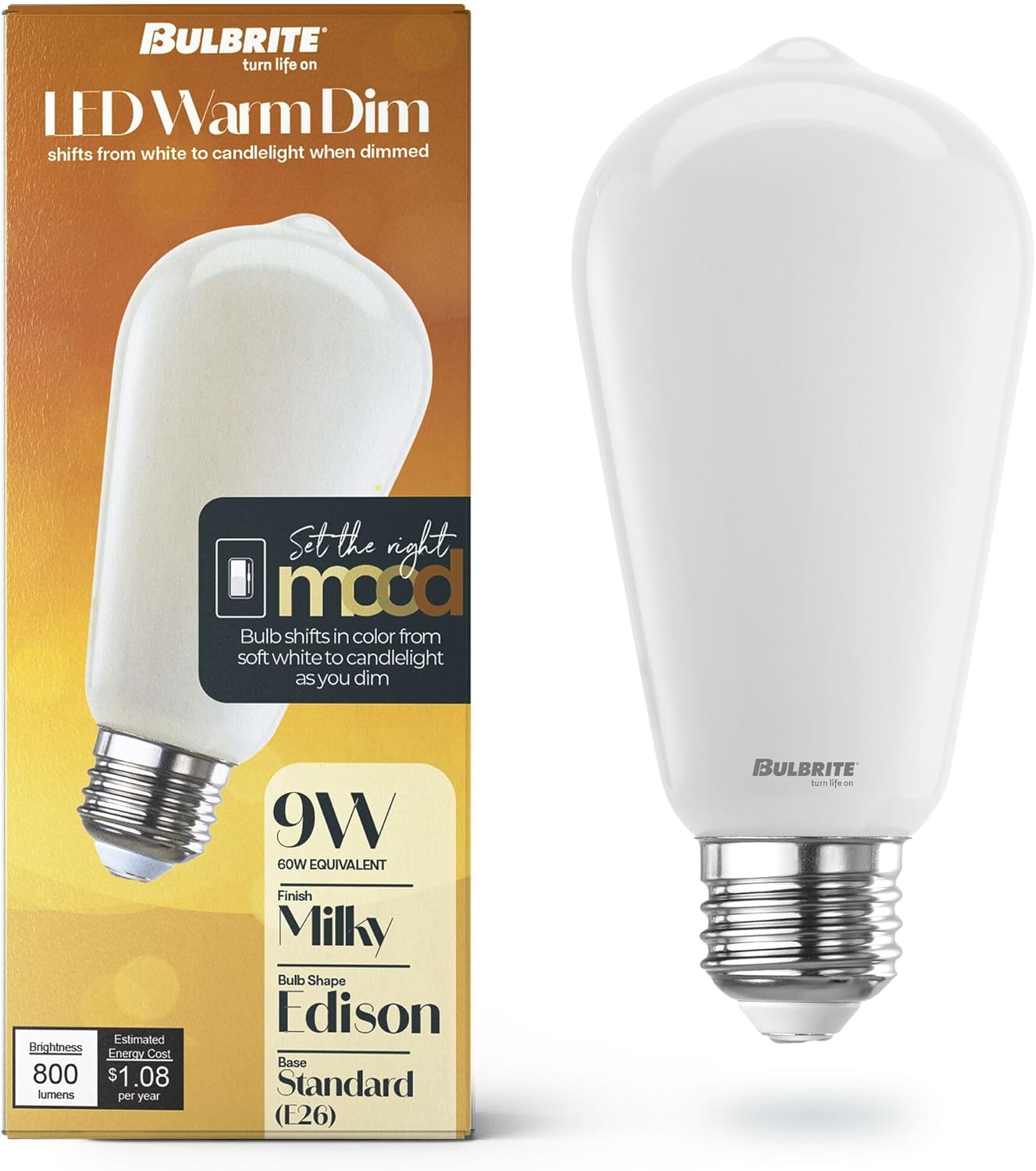 9 Watt LED ST18 / ST19 Light Bulbs, Warm Dimming 3000K (Soft White) - 1800K (Candlelight), 800 ...