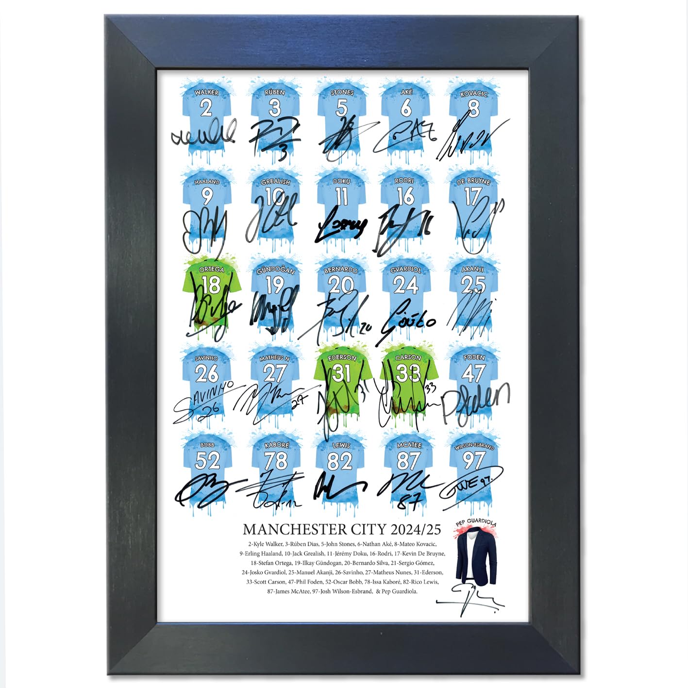 Man City Autograph Squad Signed 2024-2025 Season Erling Haaland Alvarez ...