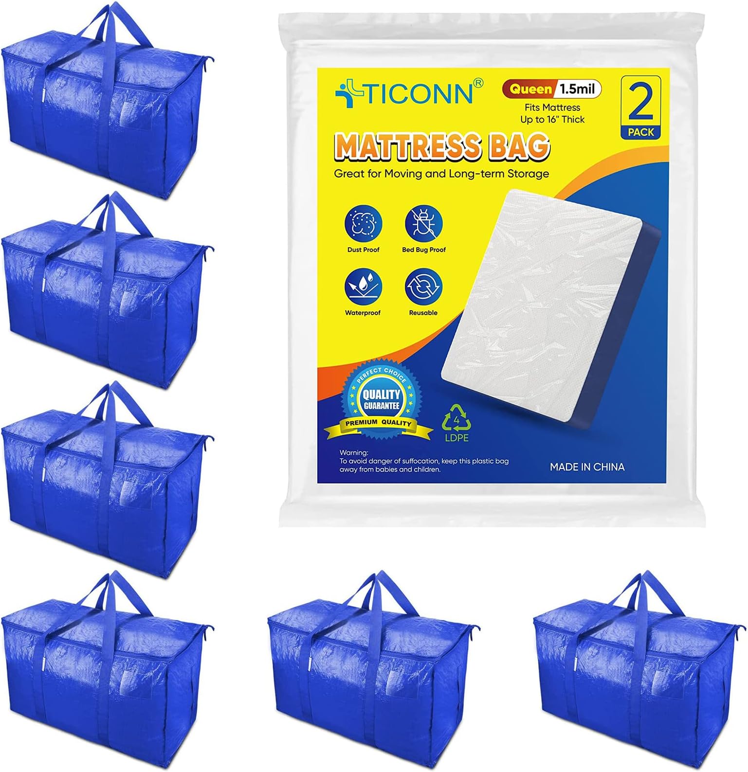 Amazon.com: TICONN 6 Pack Extra Large Moving Bags +2PK Mattress Bag for ...