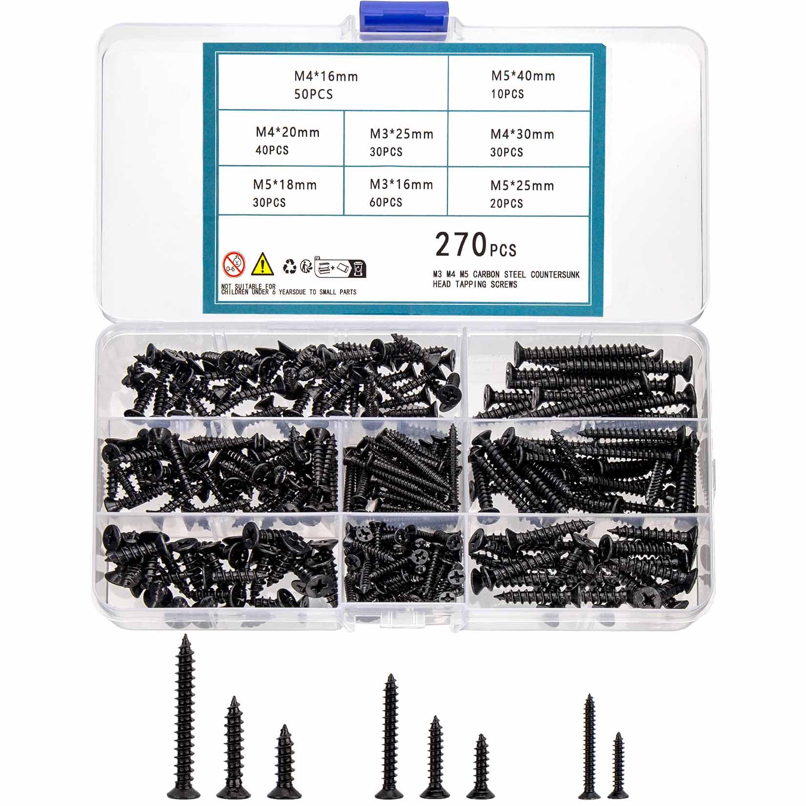 QOOSIKICC 270pcs M3 M4 M5 Flat Head Self Tapping Wood Screws, Drive ...
